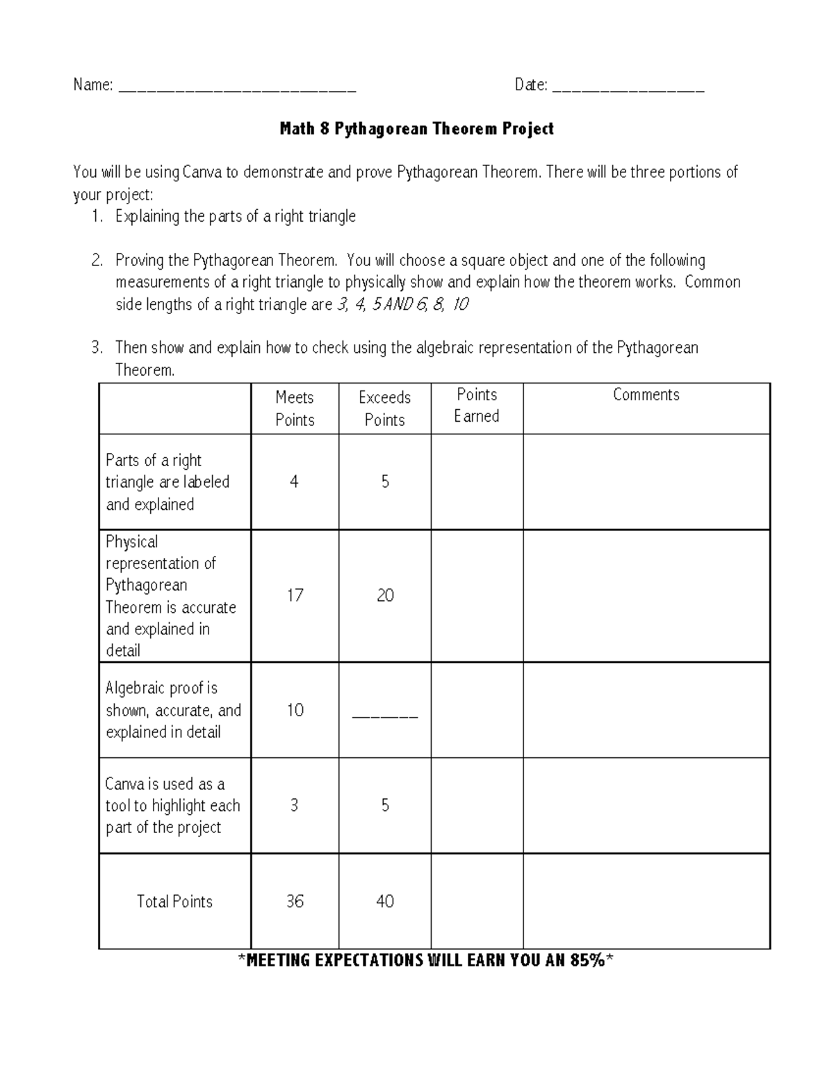 Math 8 - Pythagorean Theorem Project Rubric and Guidelines - Studocu