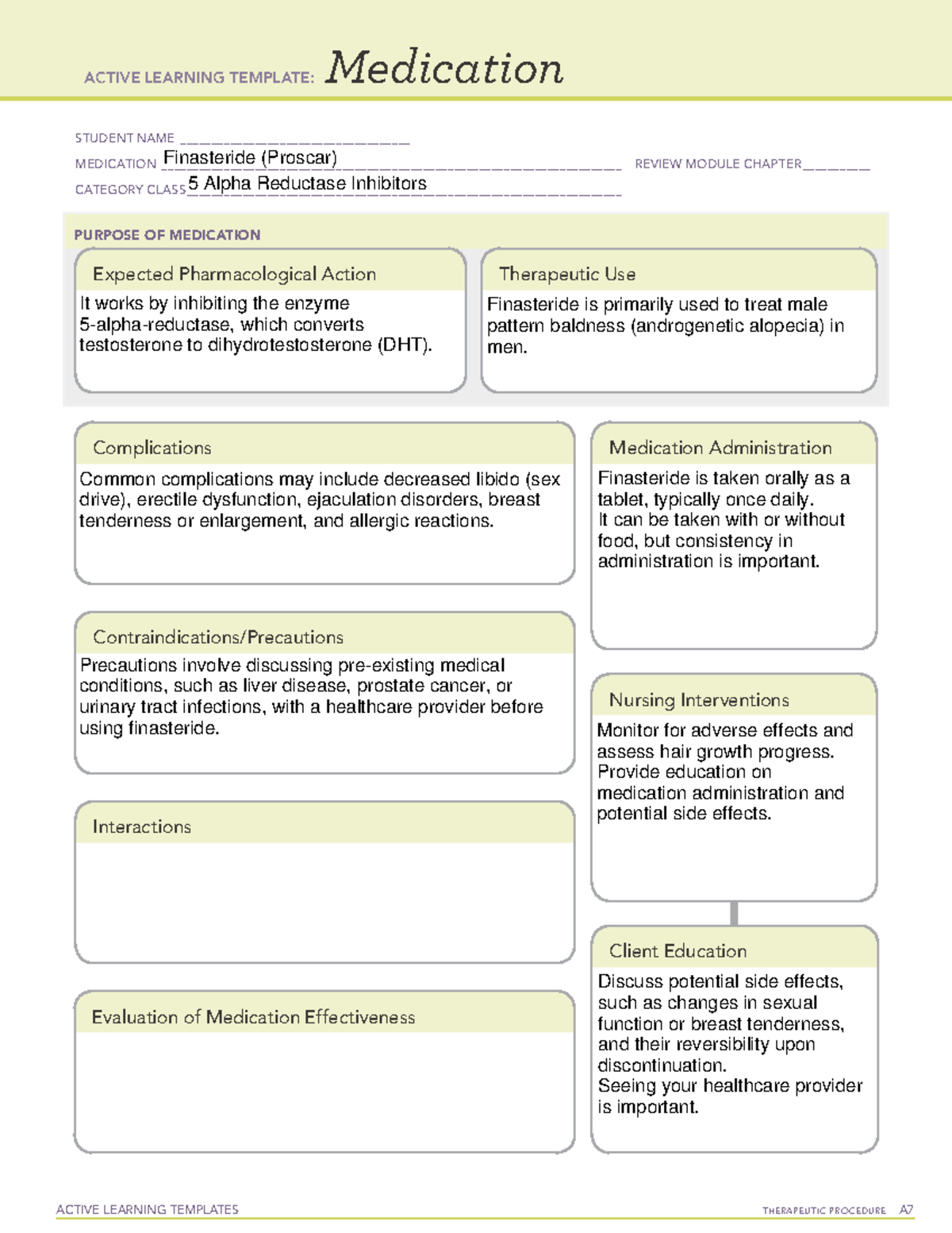 Active Learning Template for Finasteride (Proscar) - Med Review - Studocu