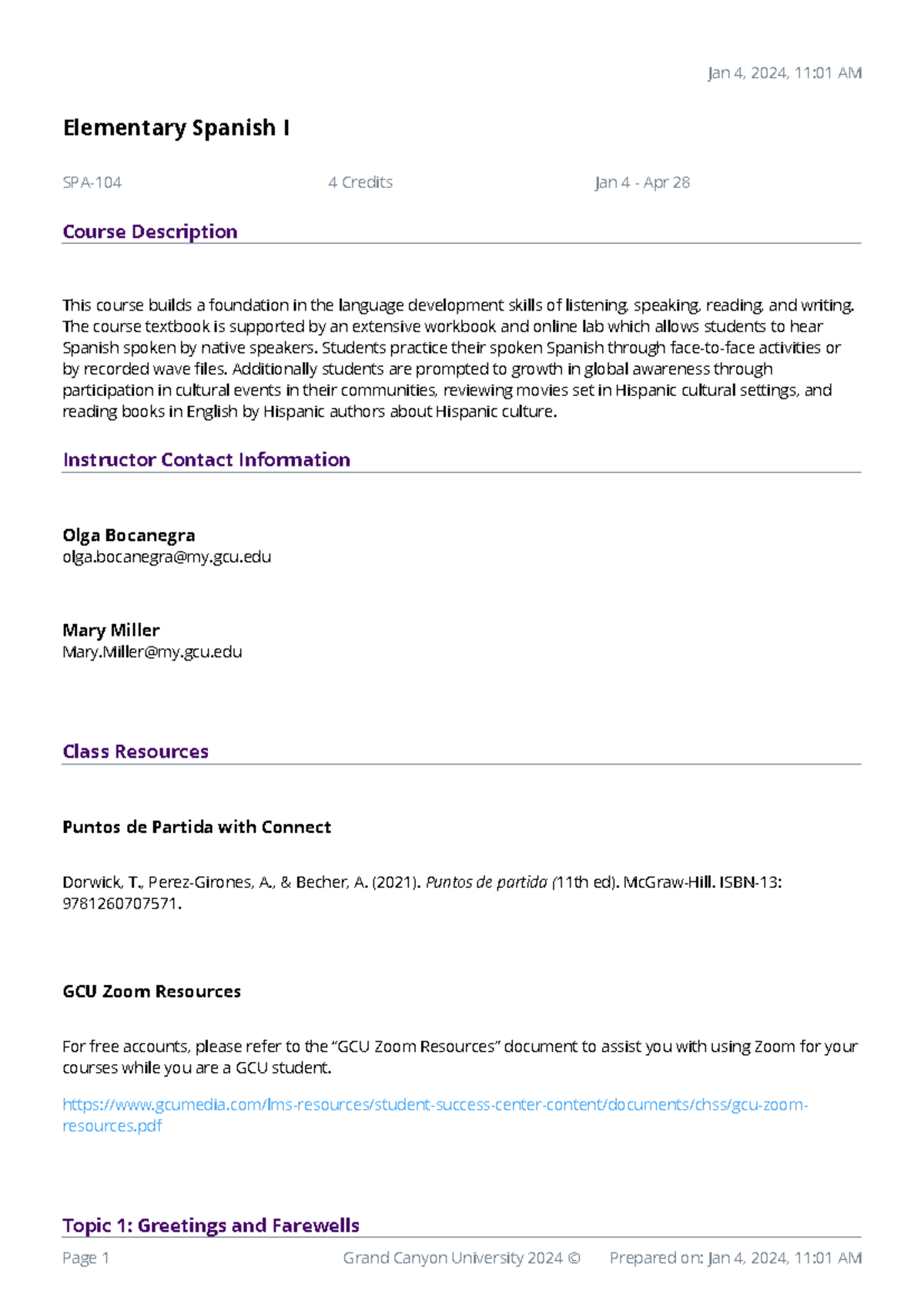 SPA-104 Elementary Spanish I Course Syllabus (Jan-Apr 2024) - Studocu