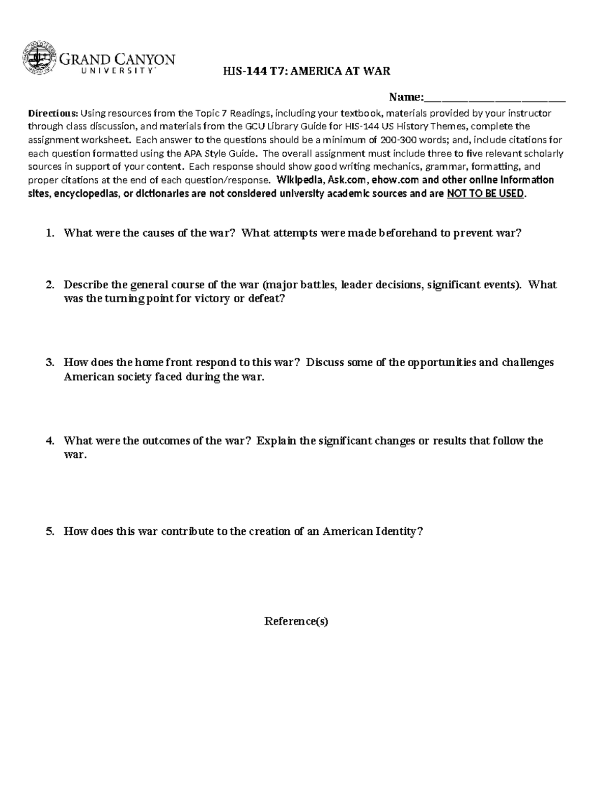 HIS-144 T7: America at War - Assignment Worksheet Guidelines - Studocu