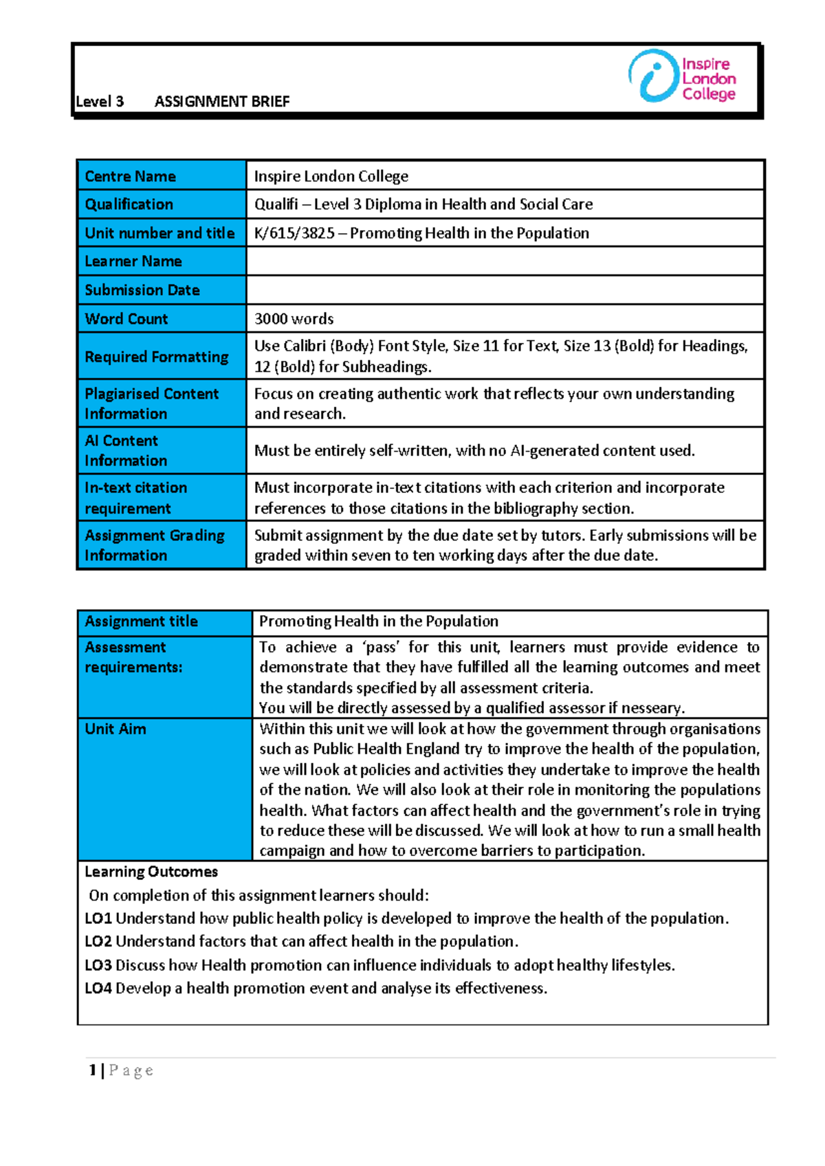 K-615-3825 Final Assignment Brief: Promoting Health in the Population ...