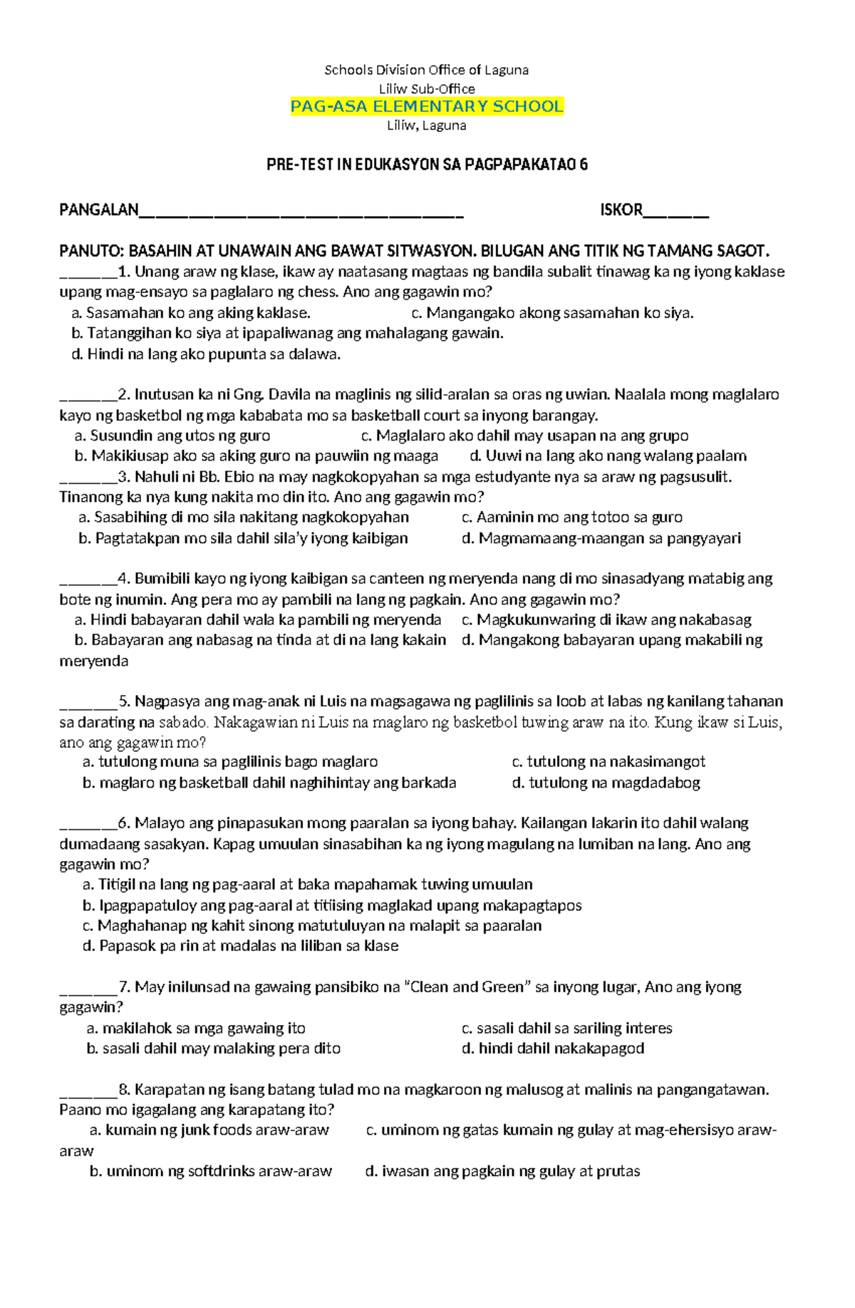 Pre-Test in Edukasyon sa Pagpapakatao 6 (ESP 6) - Situational Scenarios ...