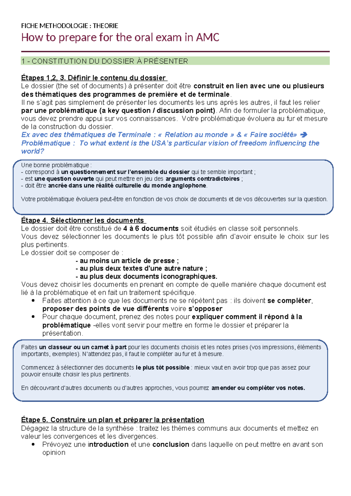 FICHE METHODOLOGIE : ORAL EXAM PREP AMC 1 - Dossier Steps 1-6 - Studocu