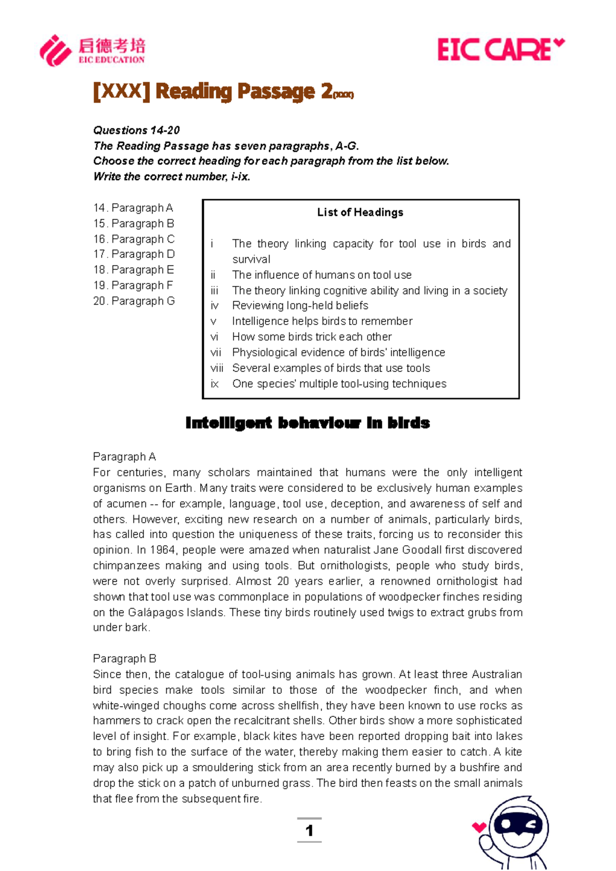 Intelligent Behaviour in Birds: Reading Passage 2 Questions - Studocu