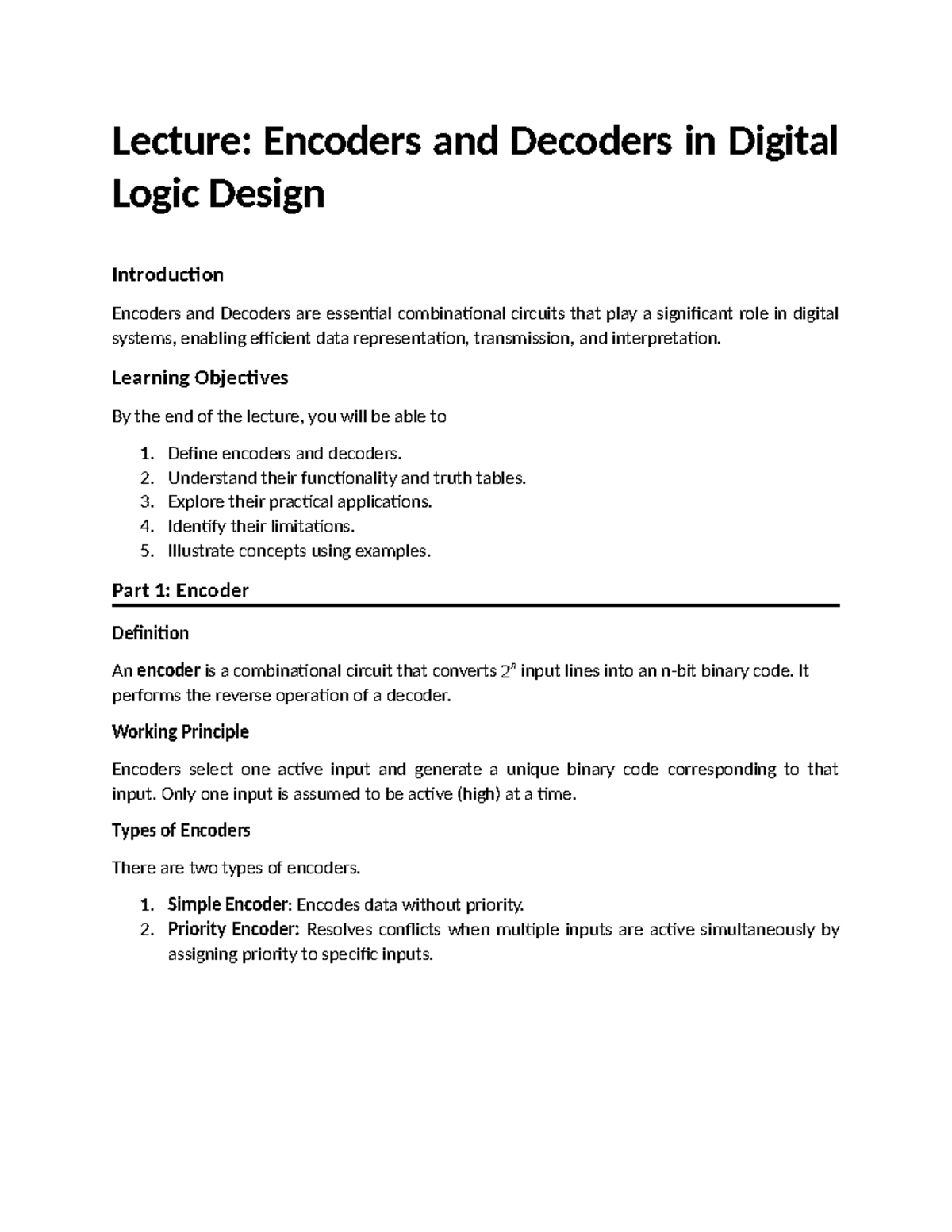 Encoder and Decoder - None - Lecture: Encoders and Decoders in Digital Logic Design Introduction ...