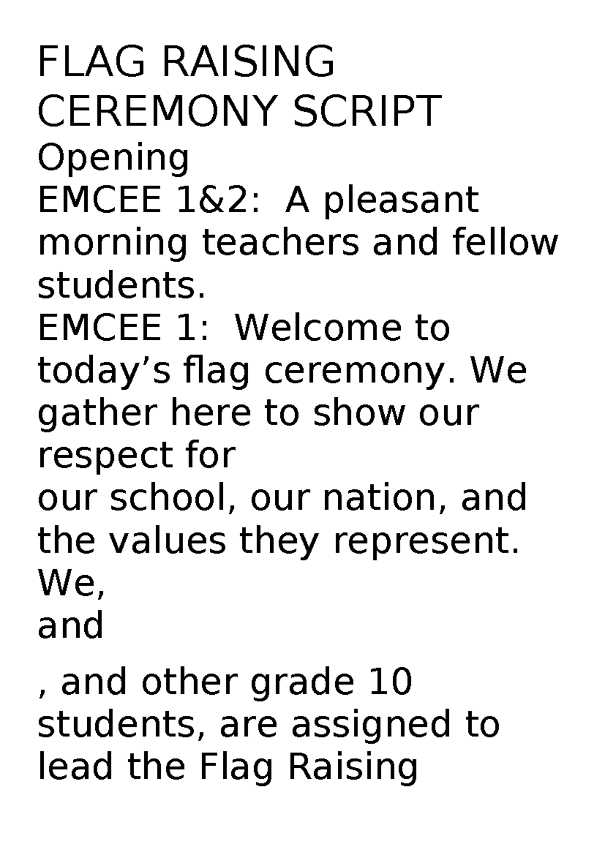 FLAG RAISING CEREMONY SCRIPT - GRADE 10 EMCEE GUIDE - Studocu