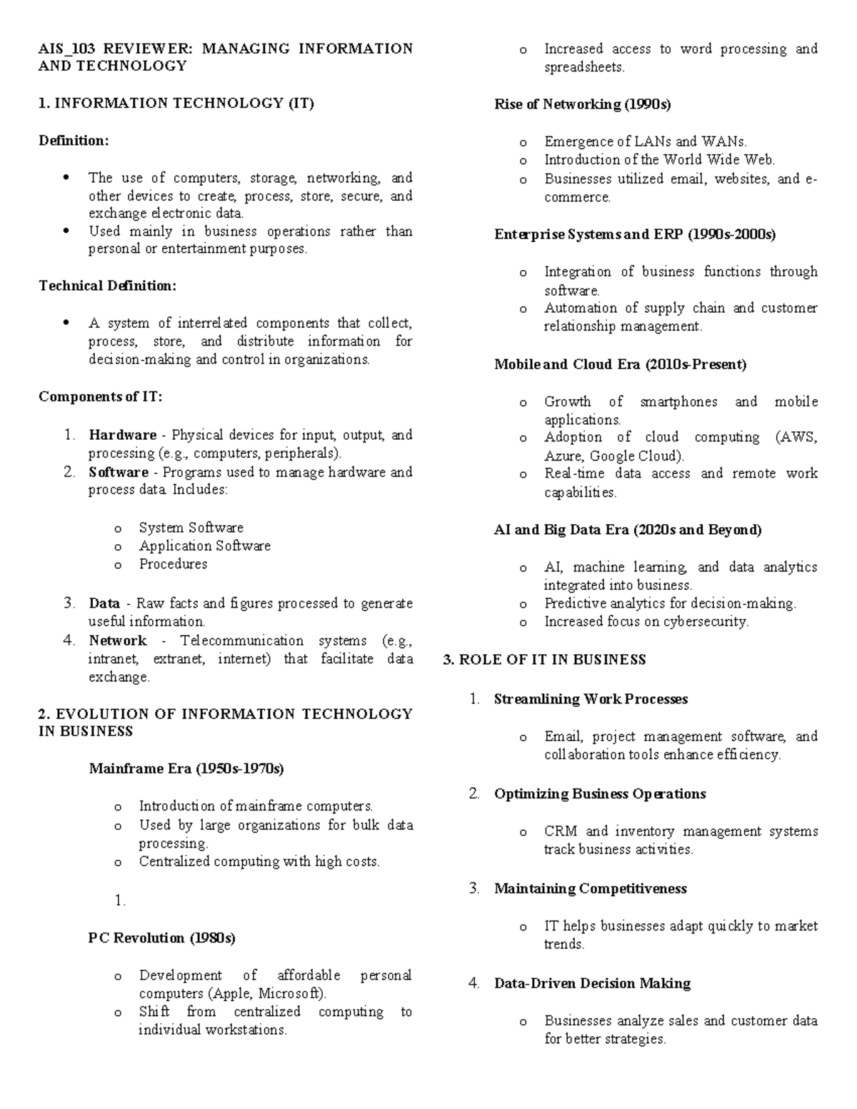 AIS_103 Prelim Reviewer: Managing Information & Technology Overview - Studocu