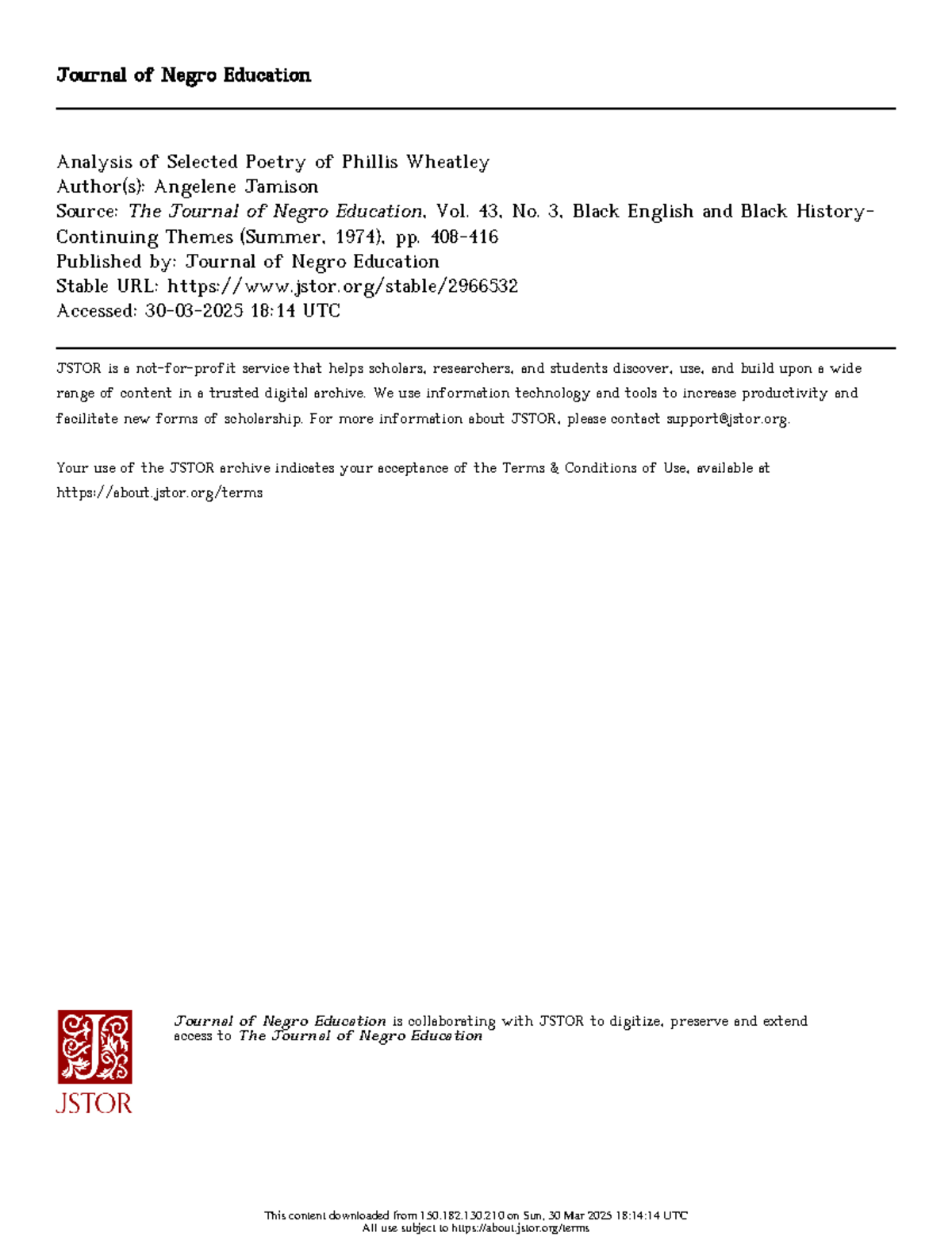 Analysis of Selected Poetry by Phillis Wheatley: Insights on Racial ...