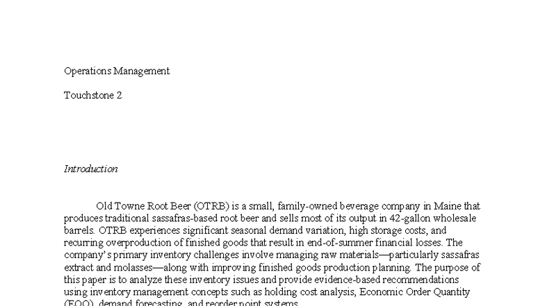 OM Touchstone 2: Inventory Management Strategies for OTRB - Studocu