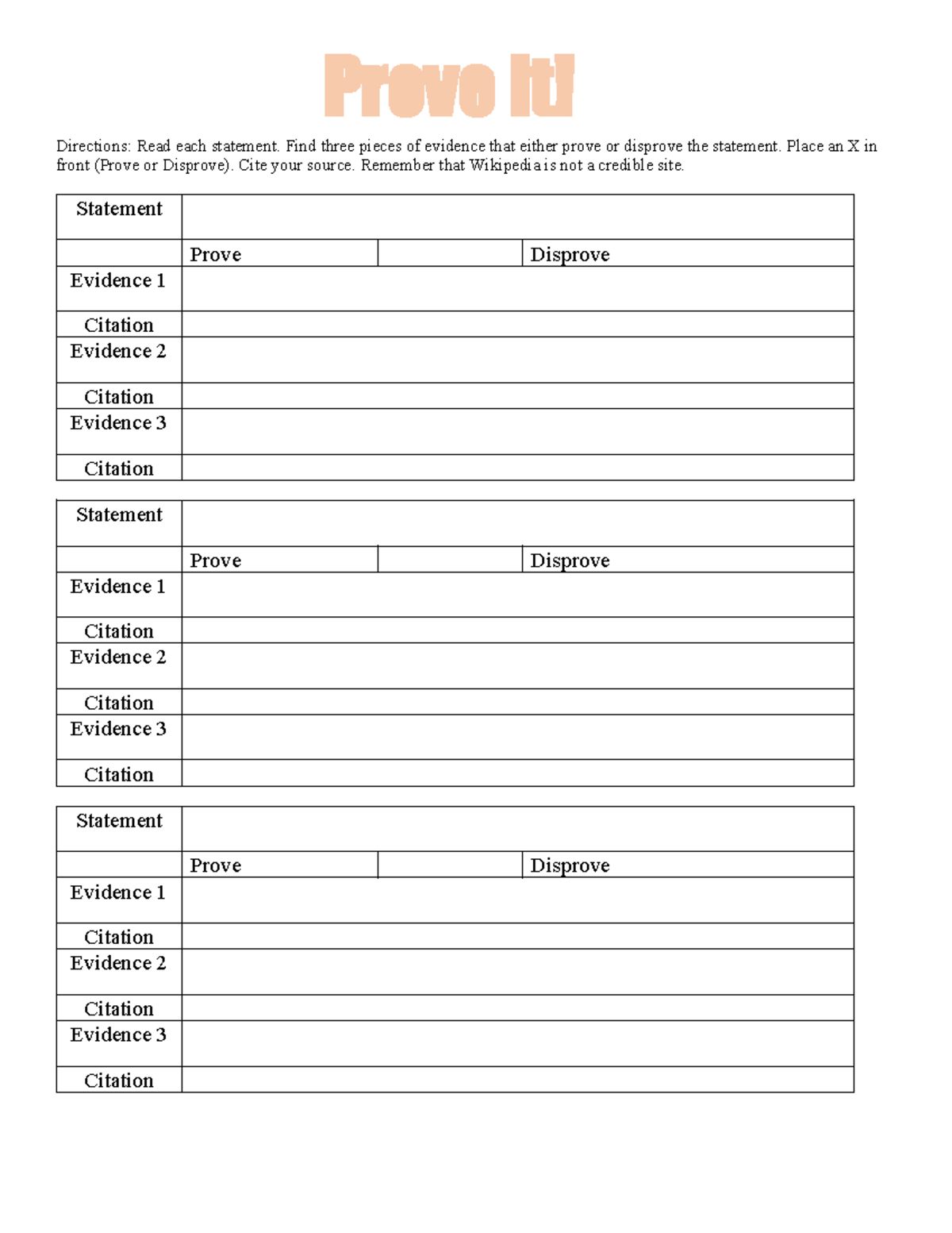Developing Historical Thinking-Prove It Handout - Directions: Read each ...
