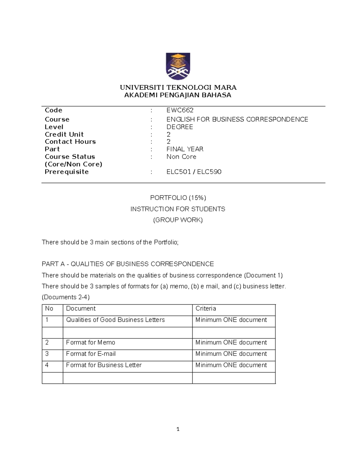 EWC662 Final Year Portfolio: Business Correspondence Qualities - Studocu