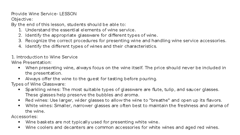 Provide Wine Service Lesson: Key Concepts and Techniques - Studocu