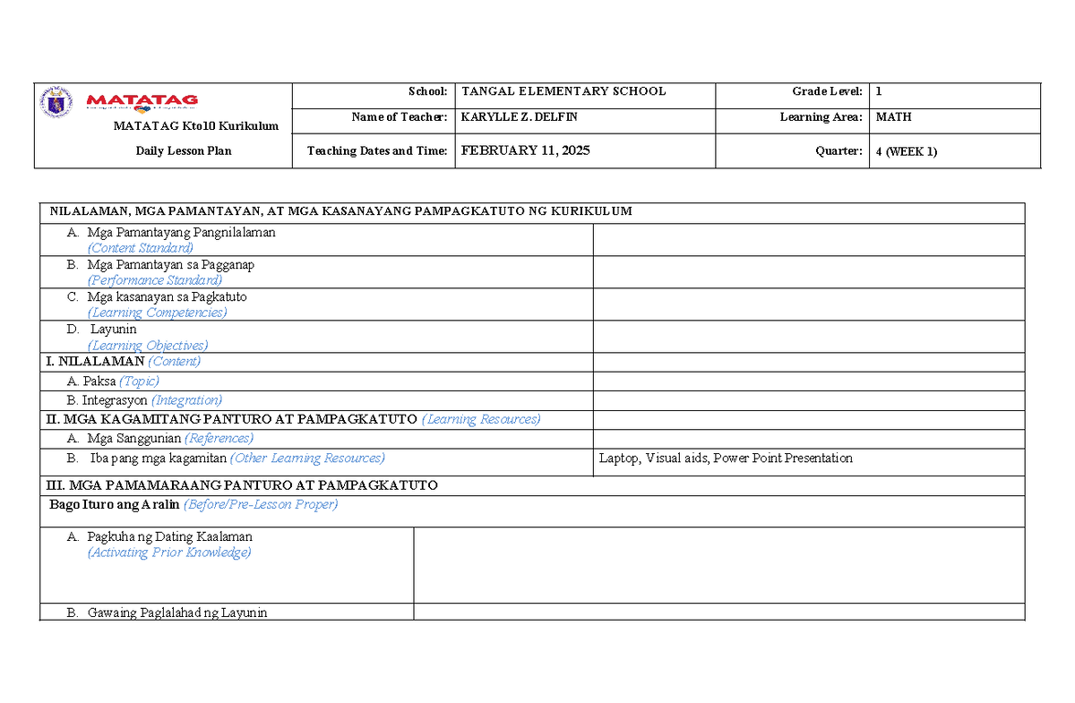 Matatag Kto10 Curriculum Detailed Lesson Plan for Grade 1 MATH - Studocu