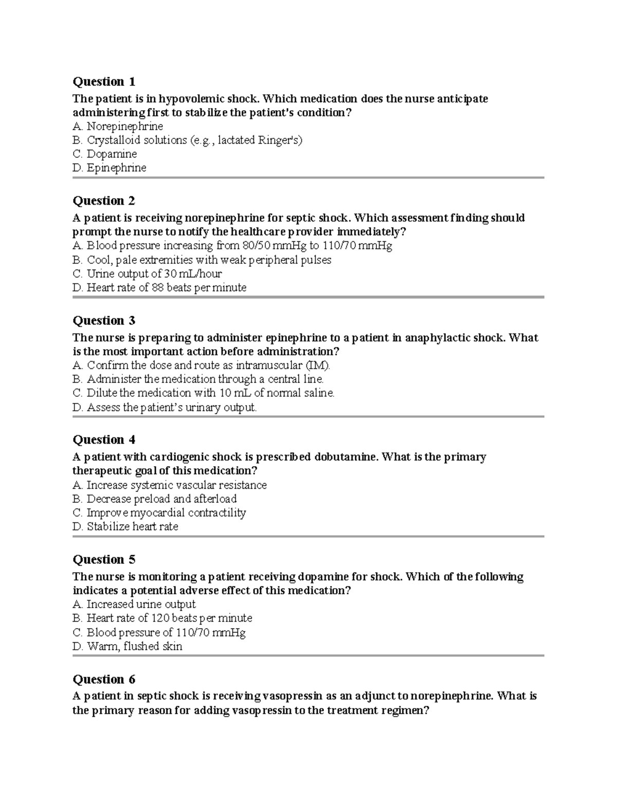 Nclex Style questions regarding shock - Student - Question 1 The ...