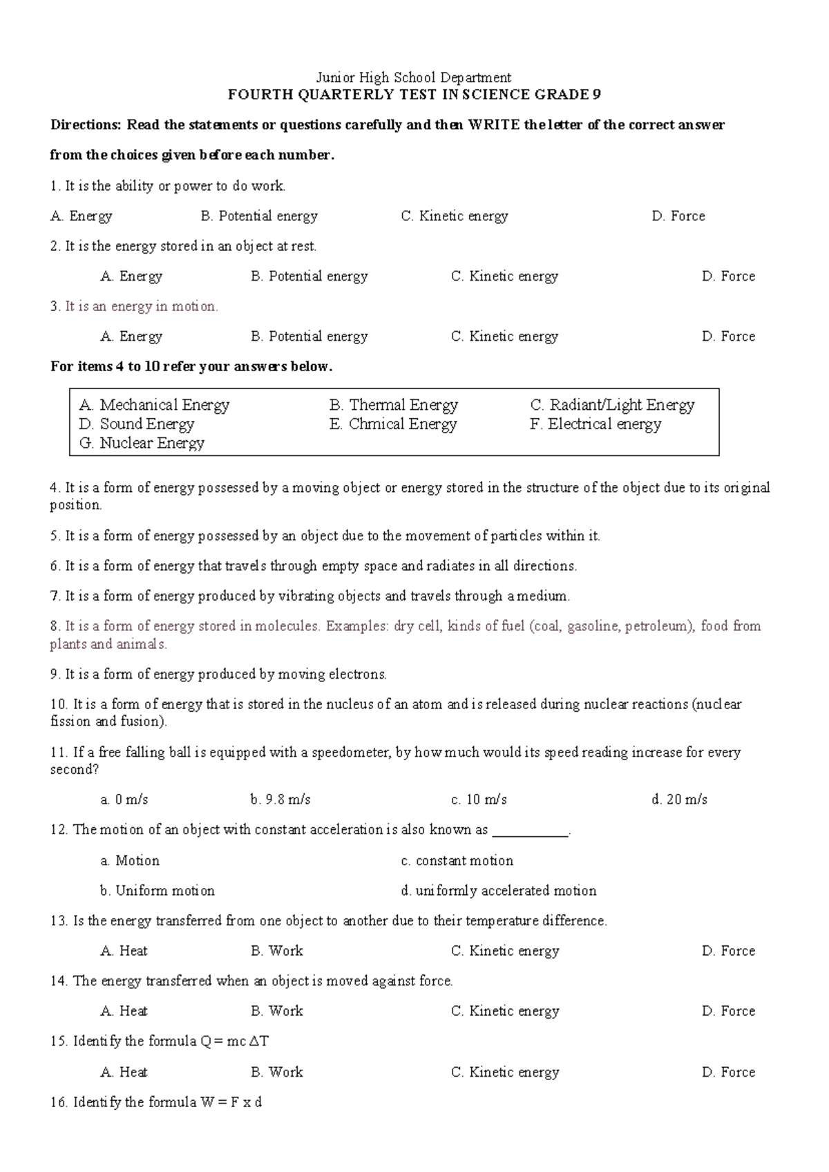 Science 9 - 4th quarter test review in energy and thermodynamics - Studocu