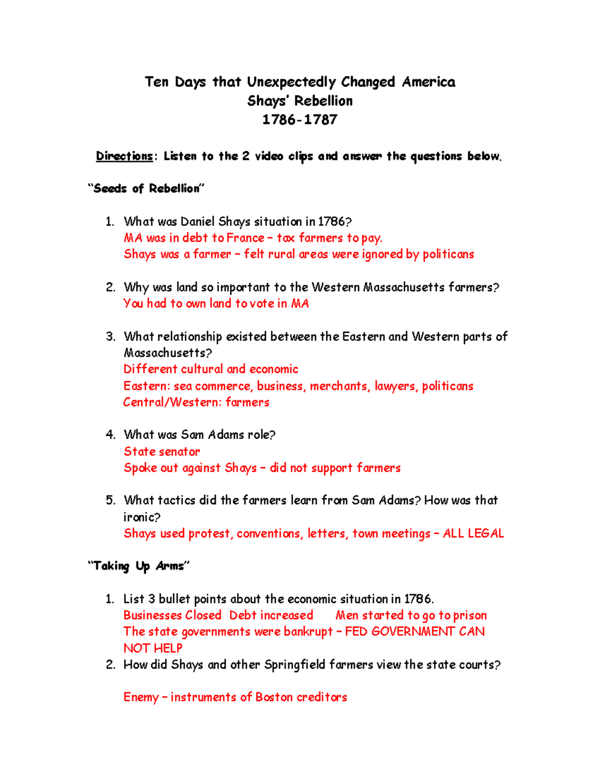 Ten Days That Changed America: Shays’ Rebellion Answer Key - Studocu