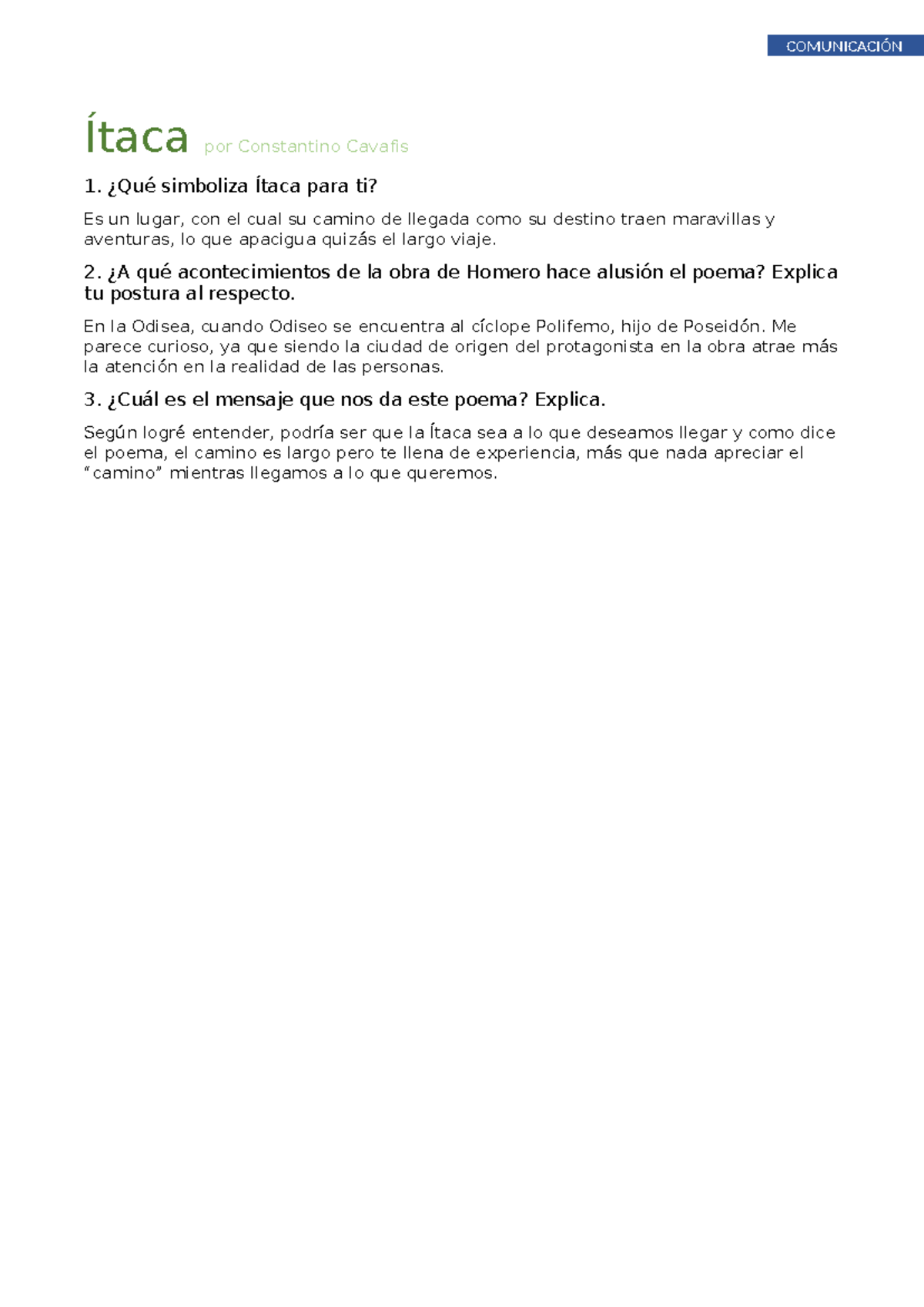 Análisis del Poema "Ítaca" de Constantino Cavafis - Studocu