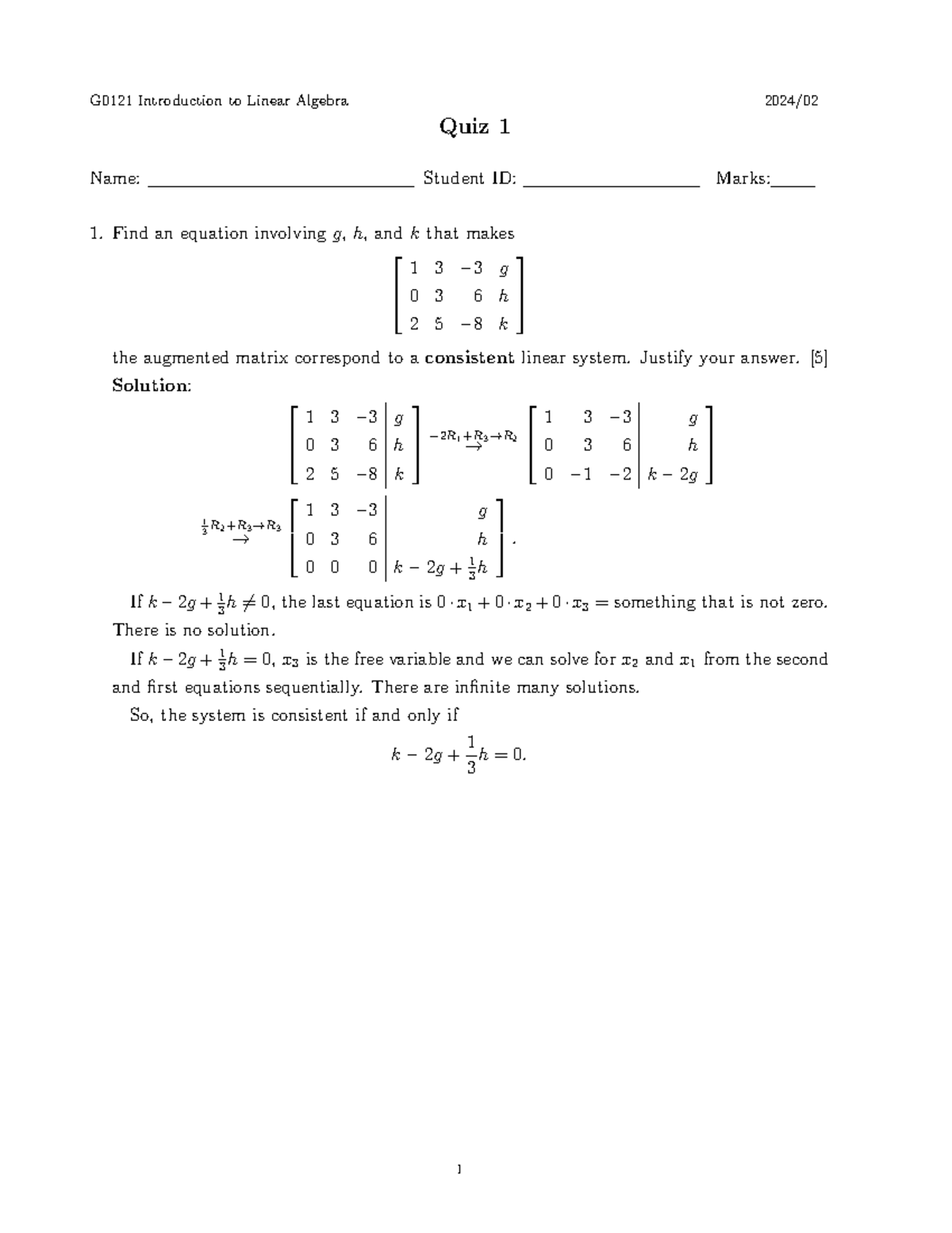 Quiz 1 Solutions for G0121 Introduction to Linear Algebra 2024 - Studocu