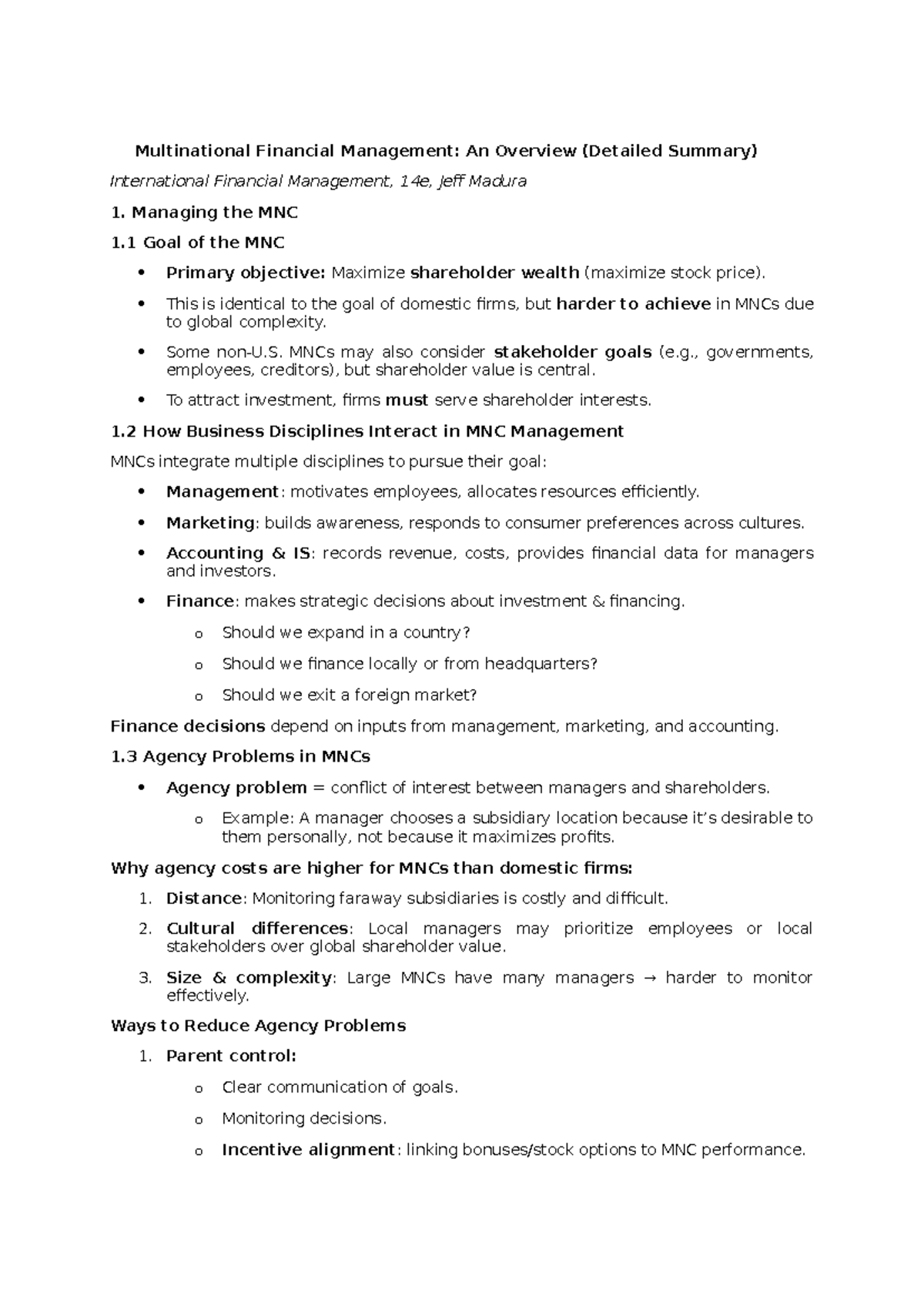 International Financial Management (IFM) 14e: Chapter 1 Summary - Studocu