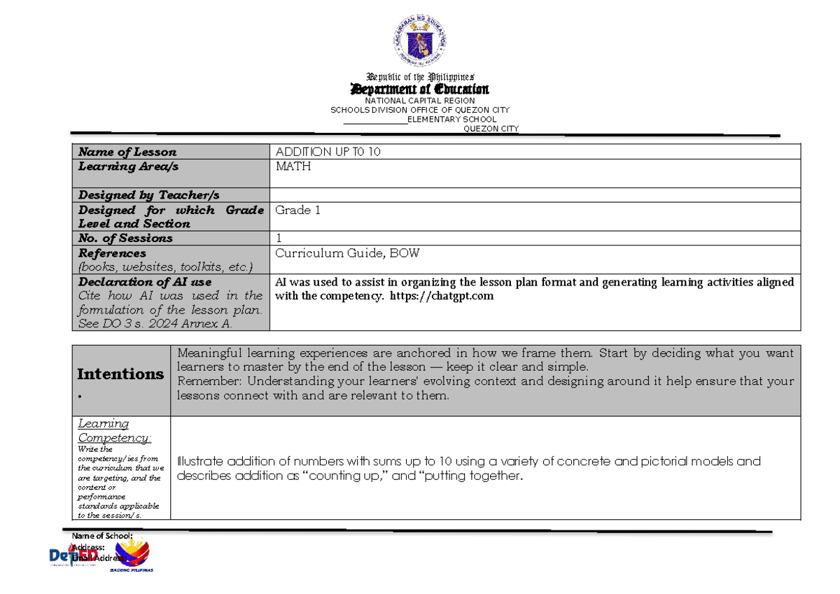 Math Lesson Plan: Addition for Grade 1 (Up to 10) - Studocu