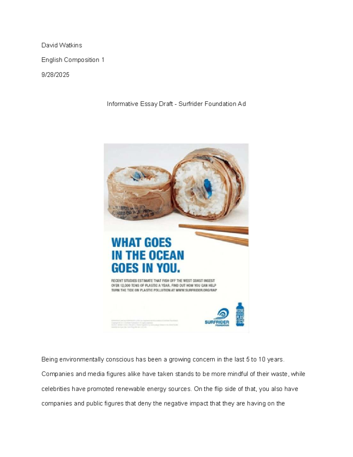 ENG 101 Informative Essay Draft: Analyzing Surfrider Foundation Ad ...