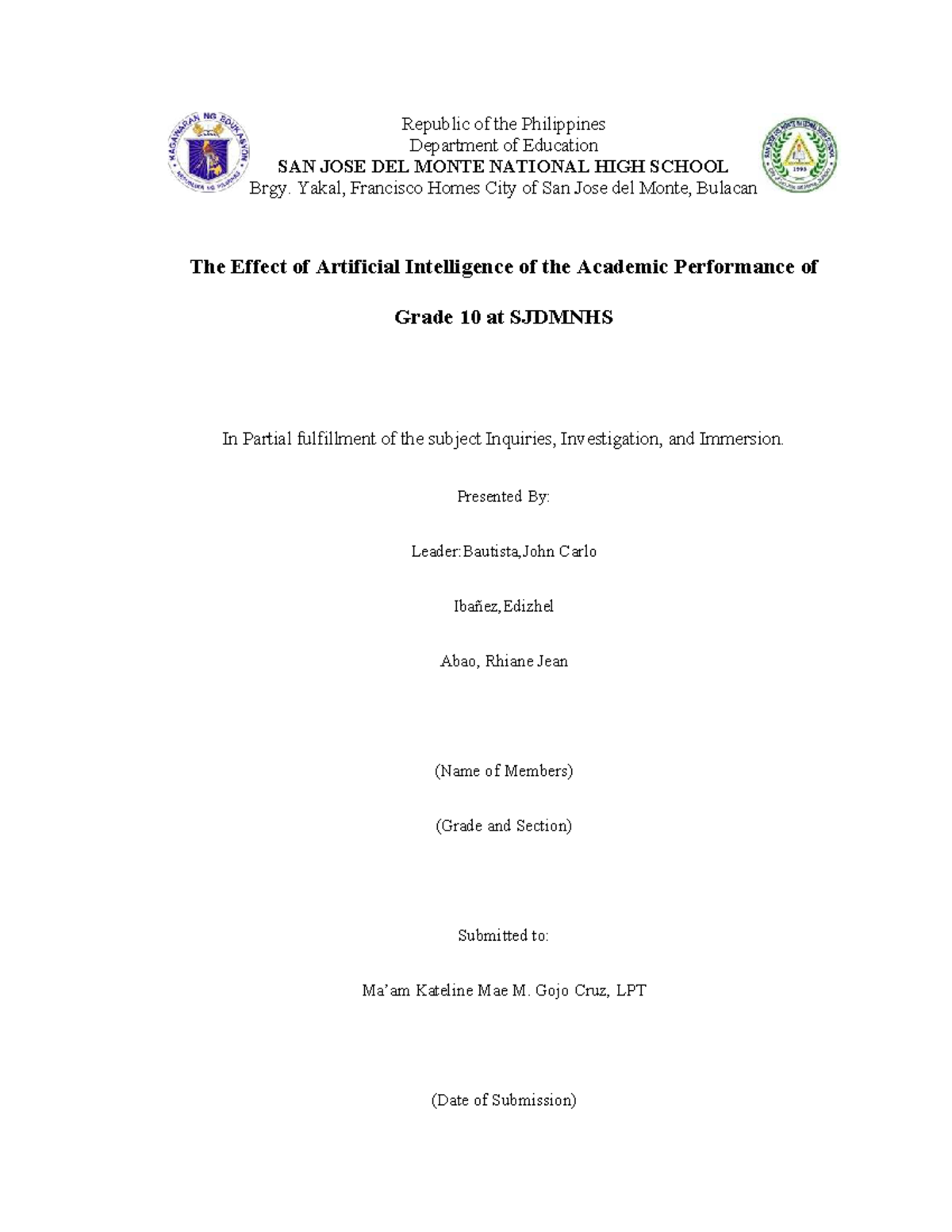 SJDMNHS Grade 10 Research: Impact of AI on Academic Performance - Studocu