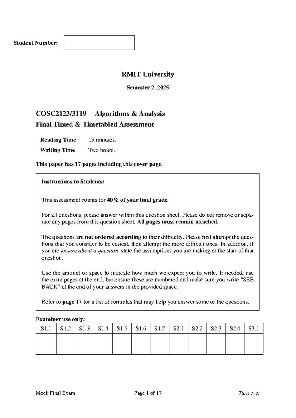 Mock Exam Solutions for Algorithms Analysis (S2, 2025) - Studocu