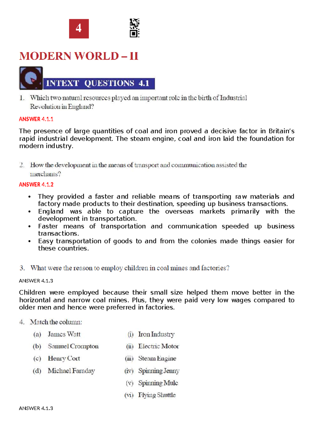 Answer Key: Chapter 4 - Modern World II - Industrial Revolution ...