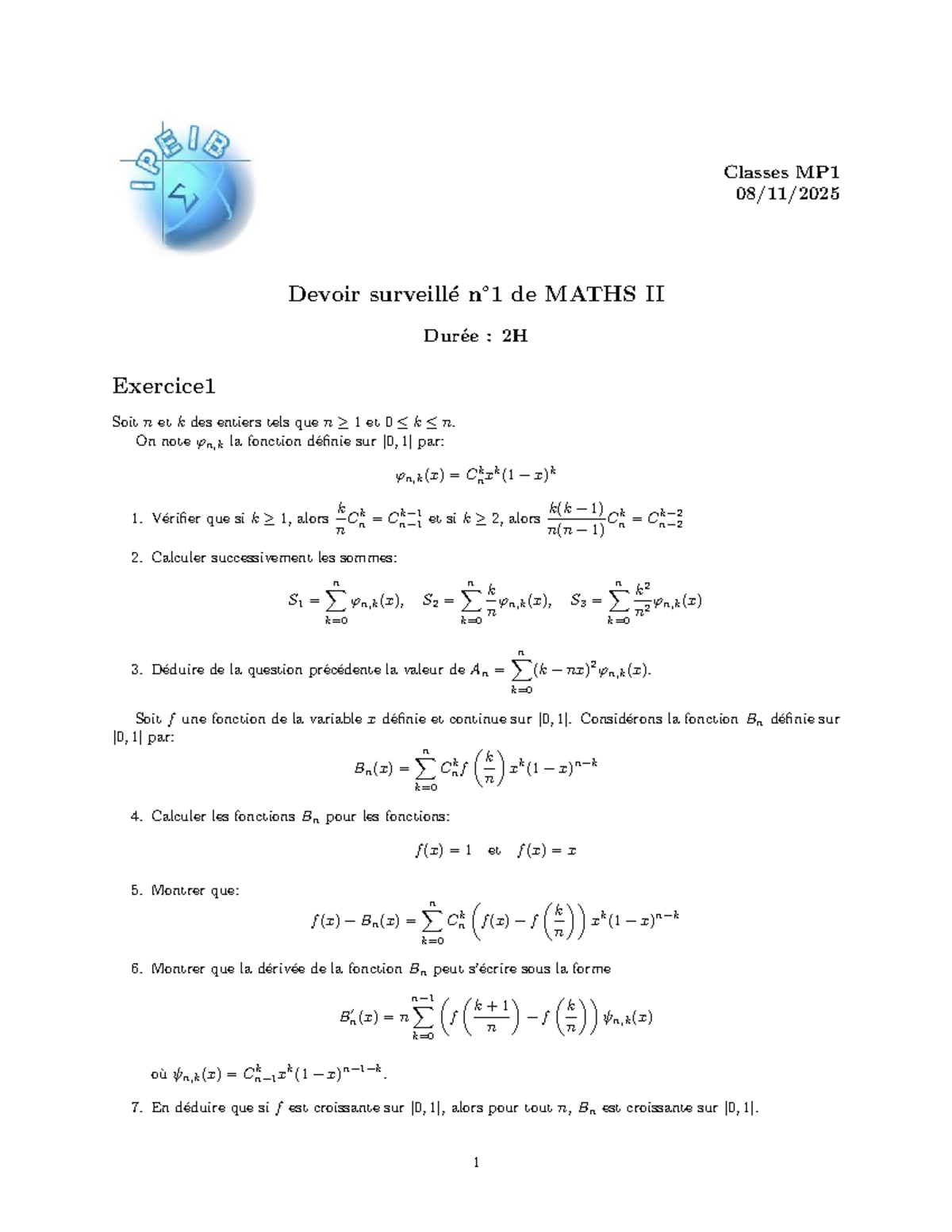 DS Ipeib MATH II MP1: Devoir et Exercices de Mathématiques - Studocu