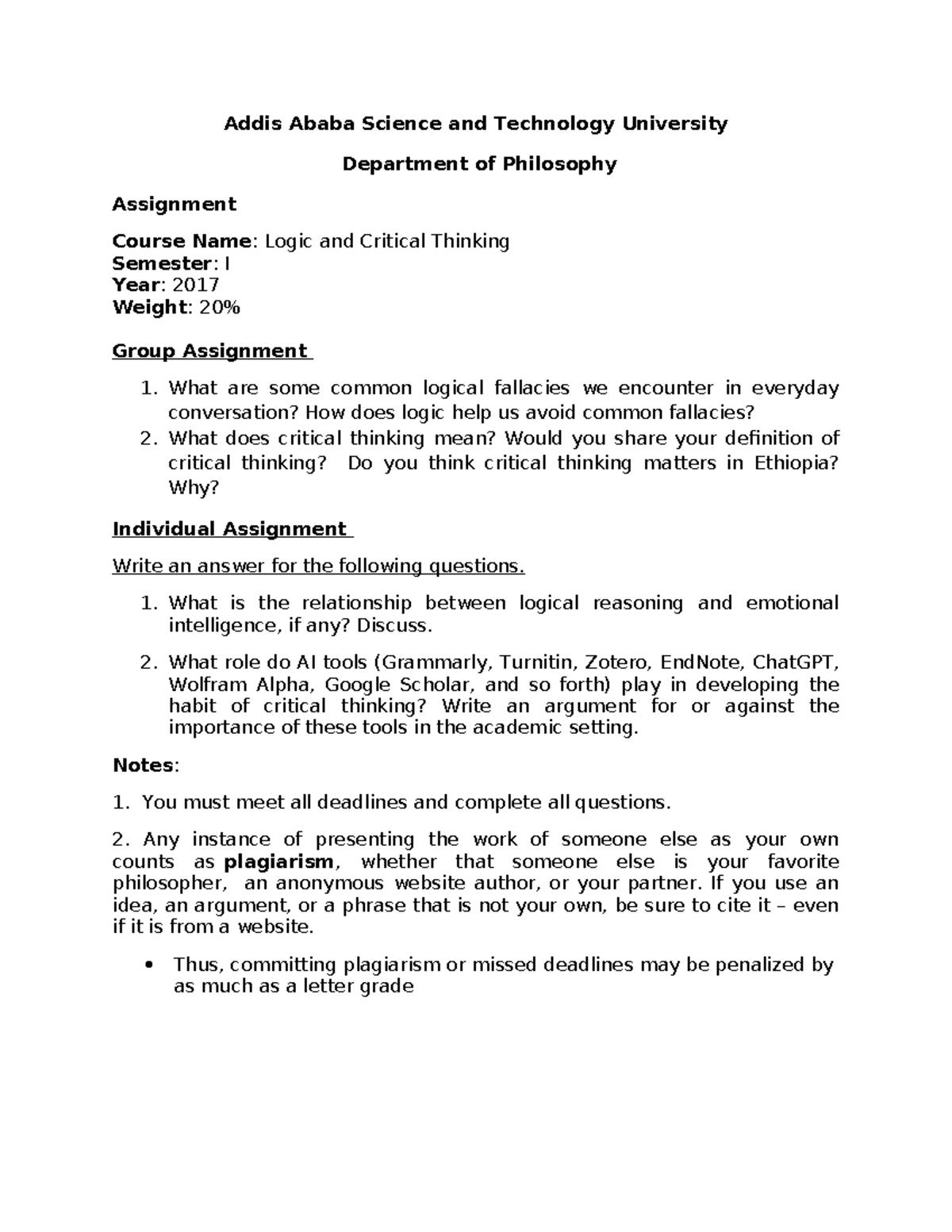 Assignment AAst U 2017 - I am an AASTU freshman student. I am learning ...