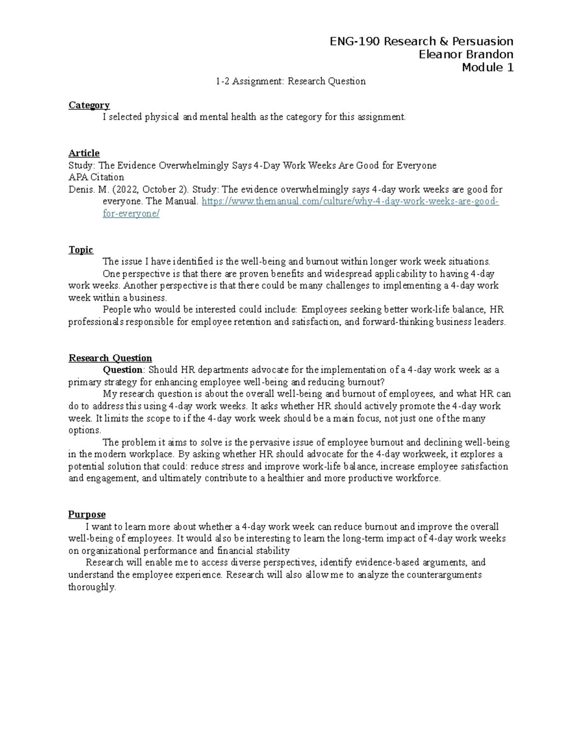 ENG-190 1-2 Assignment: Research Question on 4-Day Work Weeks - Studocu