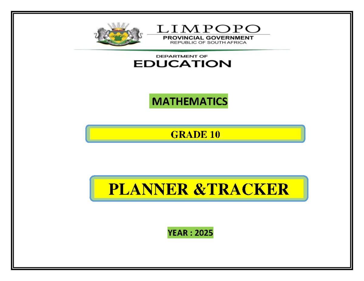 Limpopo Province Grade 10 Math Planner & Tracker 2025 Term 1-4 - Studocu