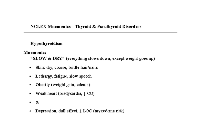 NCLEX Mnemonics: Thyroid & Parathyroid Disorders Overview - Studocu