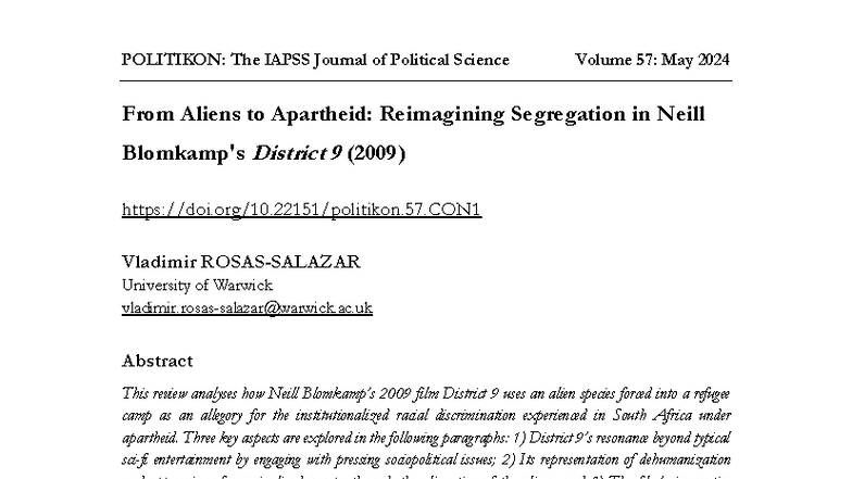 POLITIKON: Film Review of District 9 - An Allegory of Apartheid - Studocu