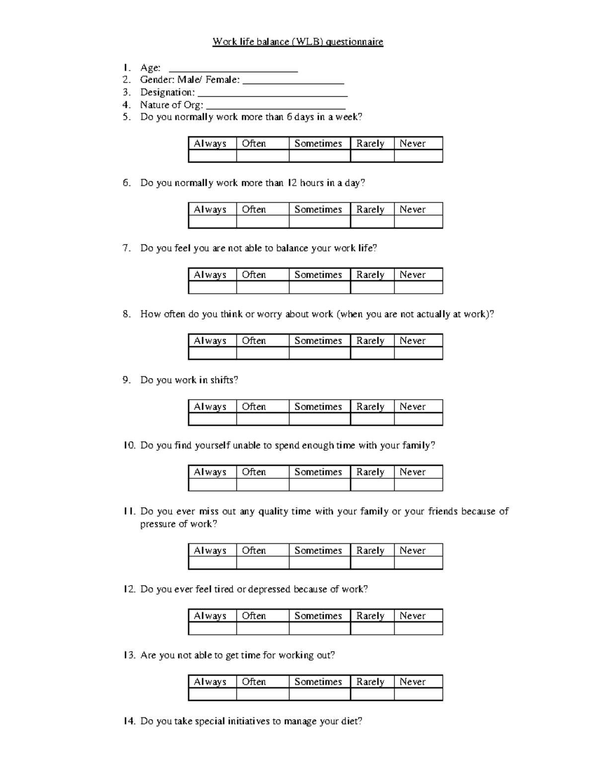 WLB Questionnaire: Assessing Work-Life Balance Factors - Studocu