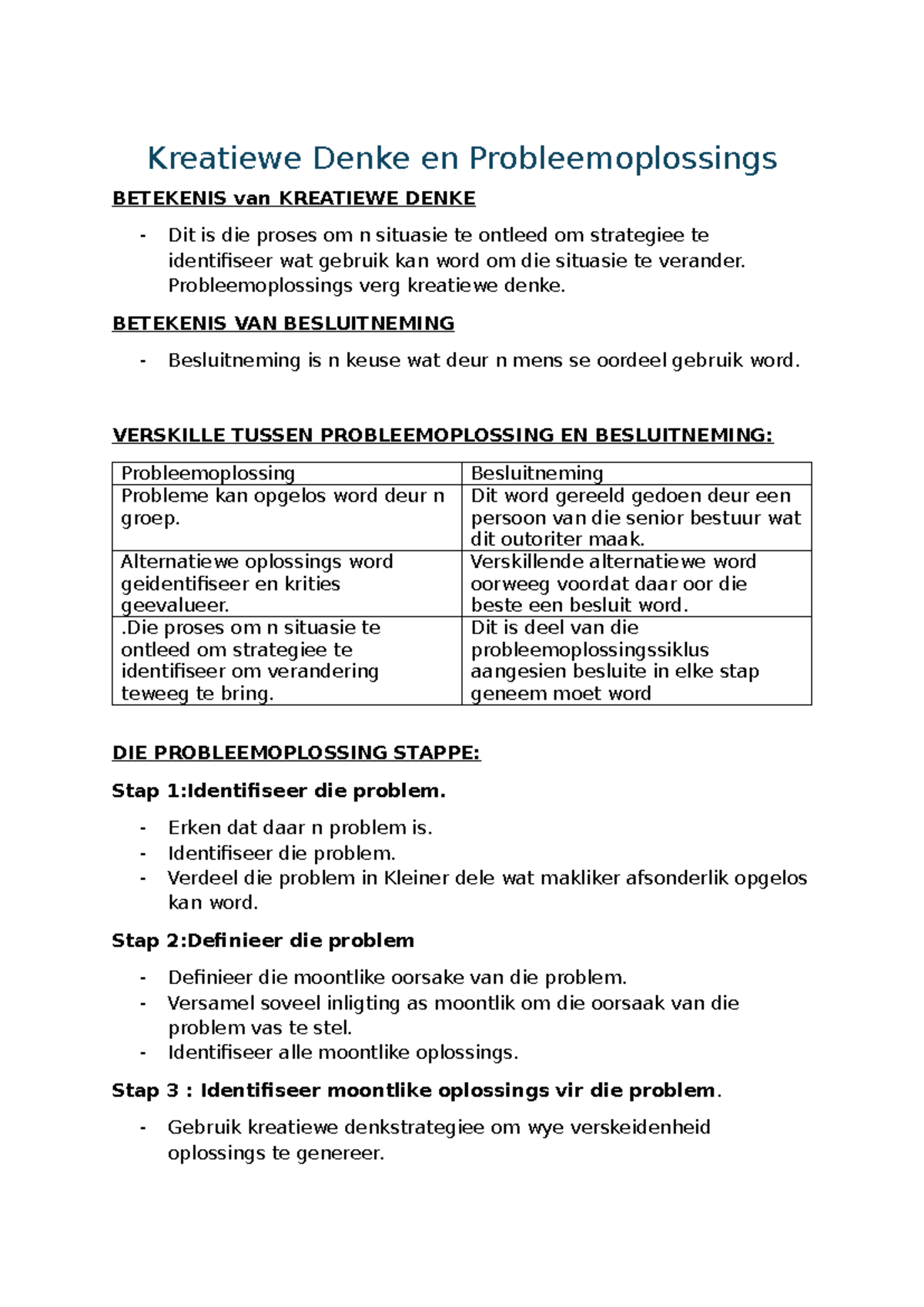 Kreatiewe Denke en Probleemoplossing: 'n Gids vir Besluitneming - Studocu
