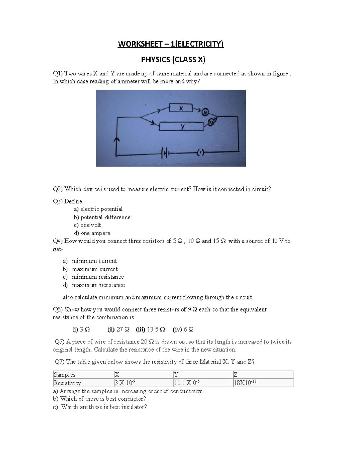 Worksheet 1: Electricity Concepts & Problems - Physics Class X - Studocu
