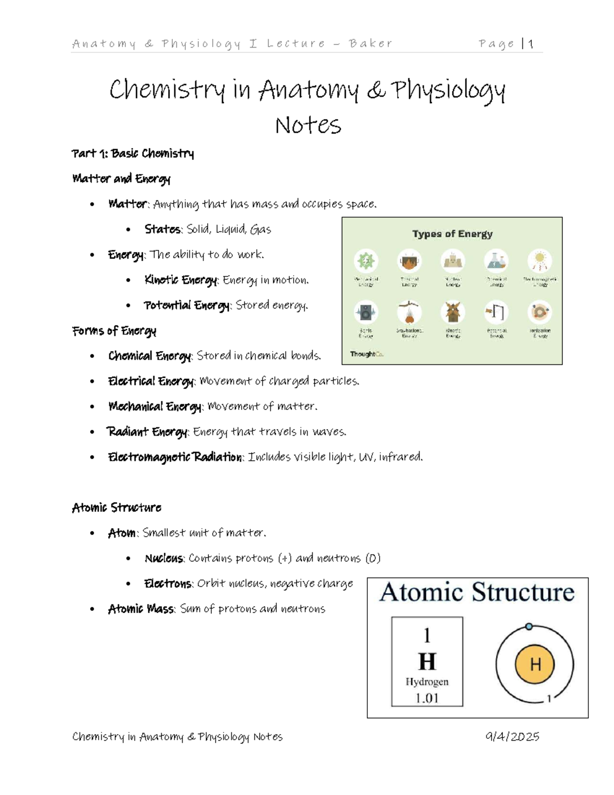 Anatomy Physiology I Lecture Notes: Chemistry Overview Part 1 & 2 - Studocu
