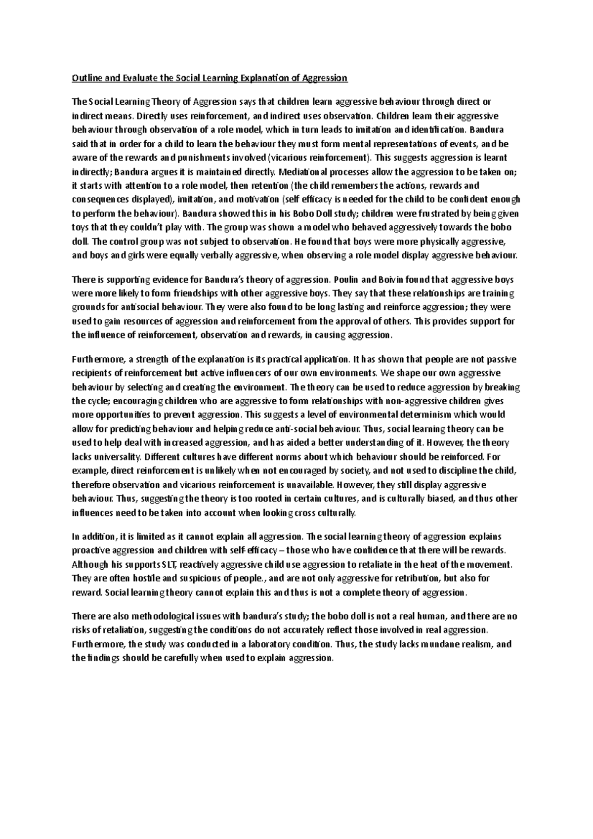 Outline and Evaluate the Social Learning Explanation of Aggression ...