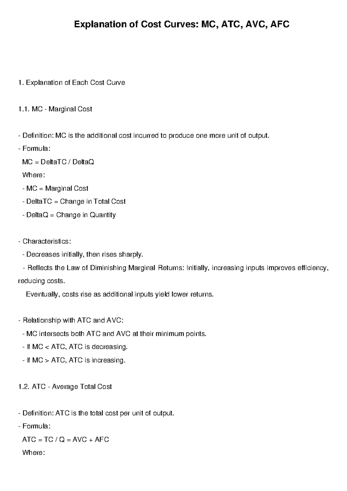ECON 101: Cost Curves Analysis - MC, ATC, AVC, AFC Explained - Studocu