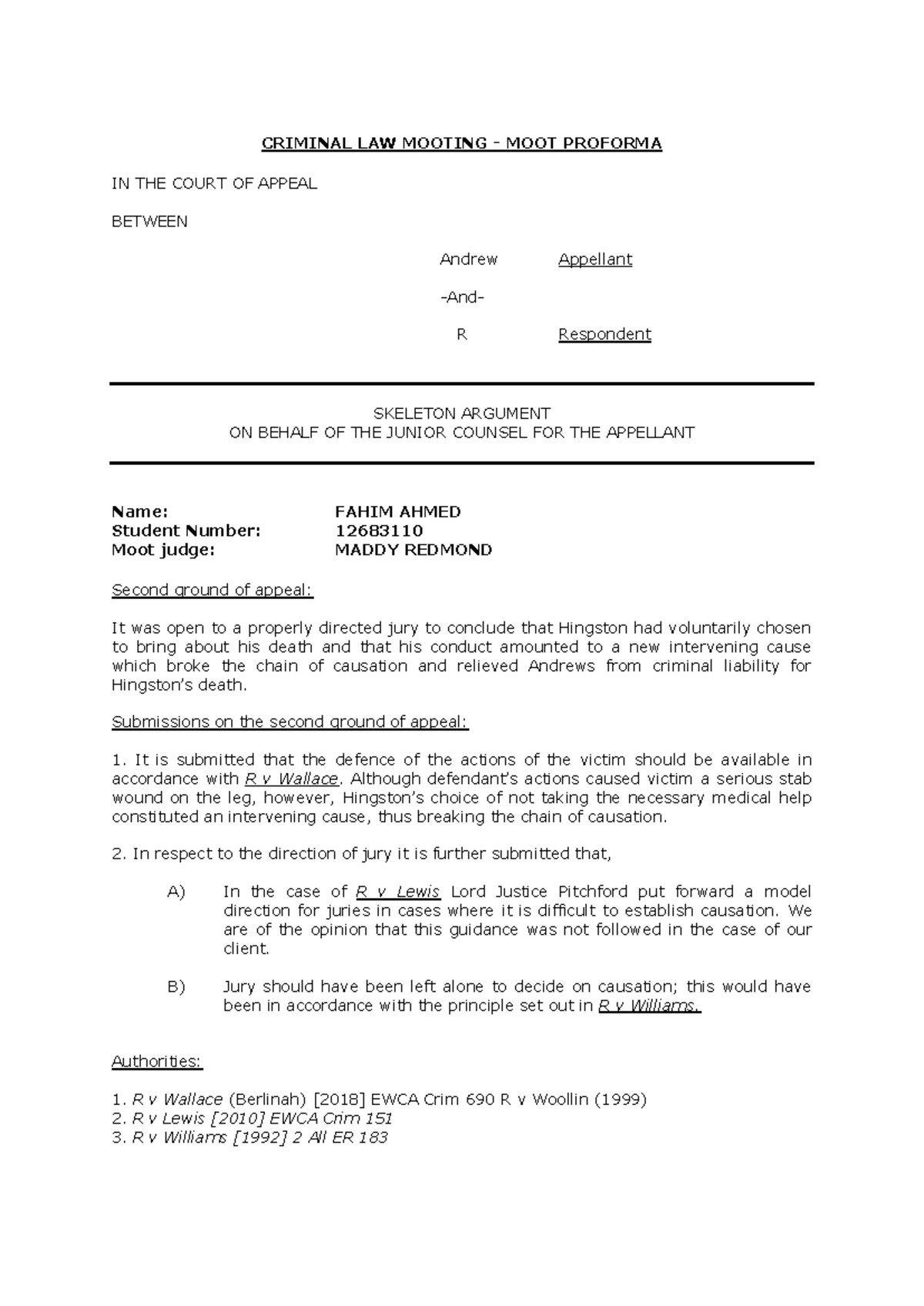 Skeleton and Bundle - Moot - CRIMINAL LAW MOOTING - MOOT PROFORMA IN ...