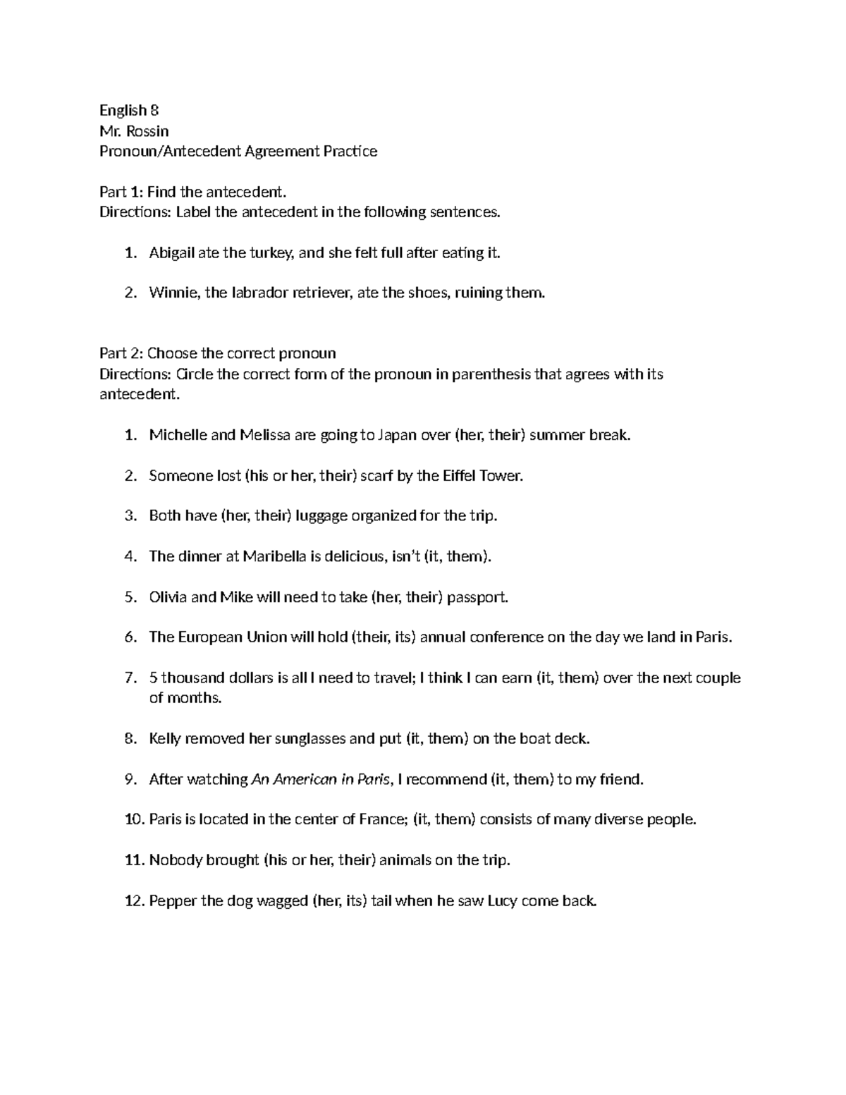 English 8 Mr. Rossin Agreement Practice: Antecedents & Pronouns - Studocu