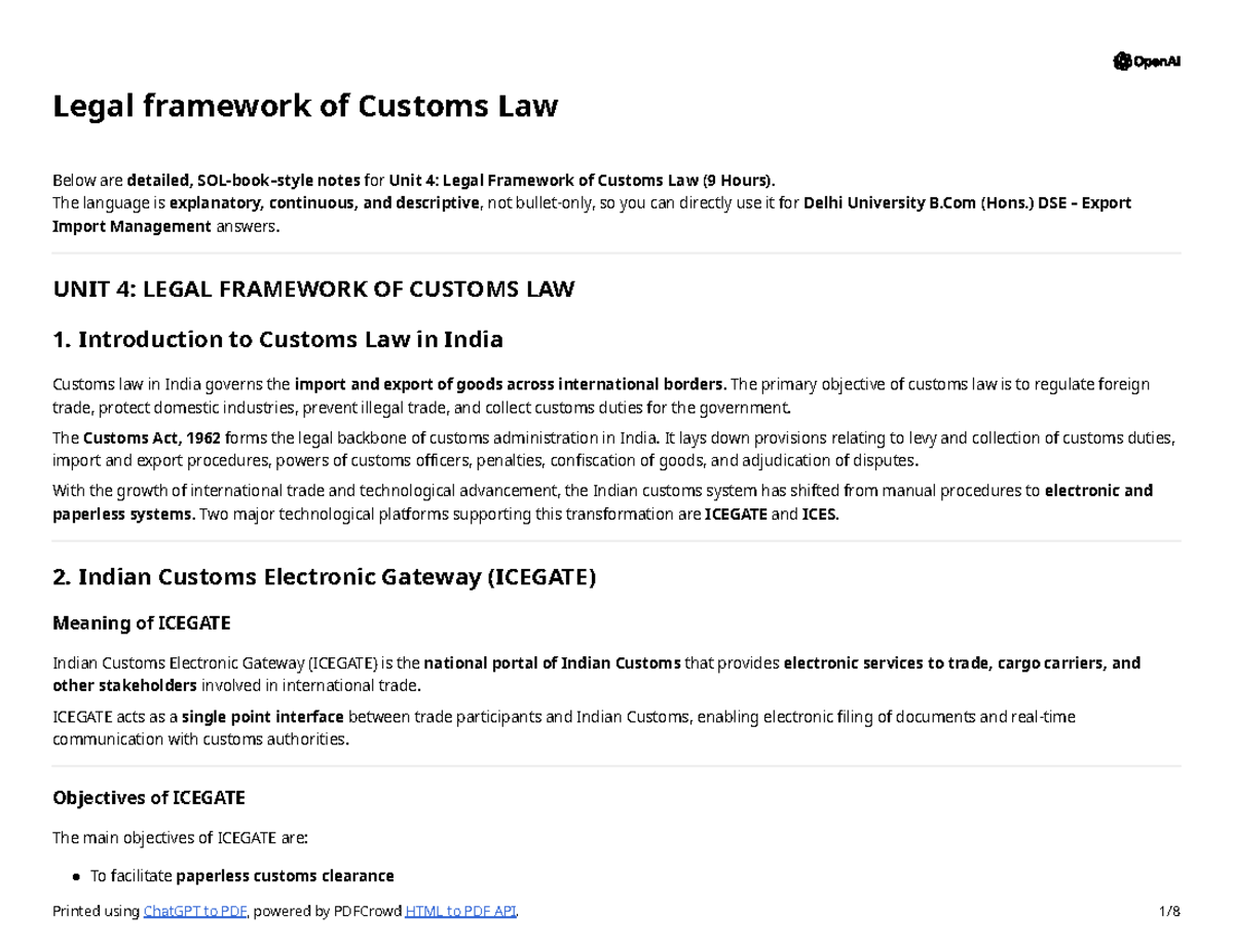 Unit 4: Legal Framework of Customs Law - B.Com (Hons.) DSE Notes - Studocu