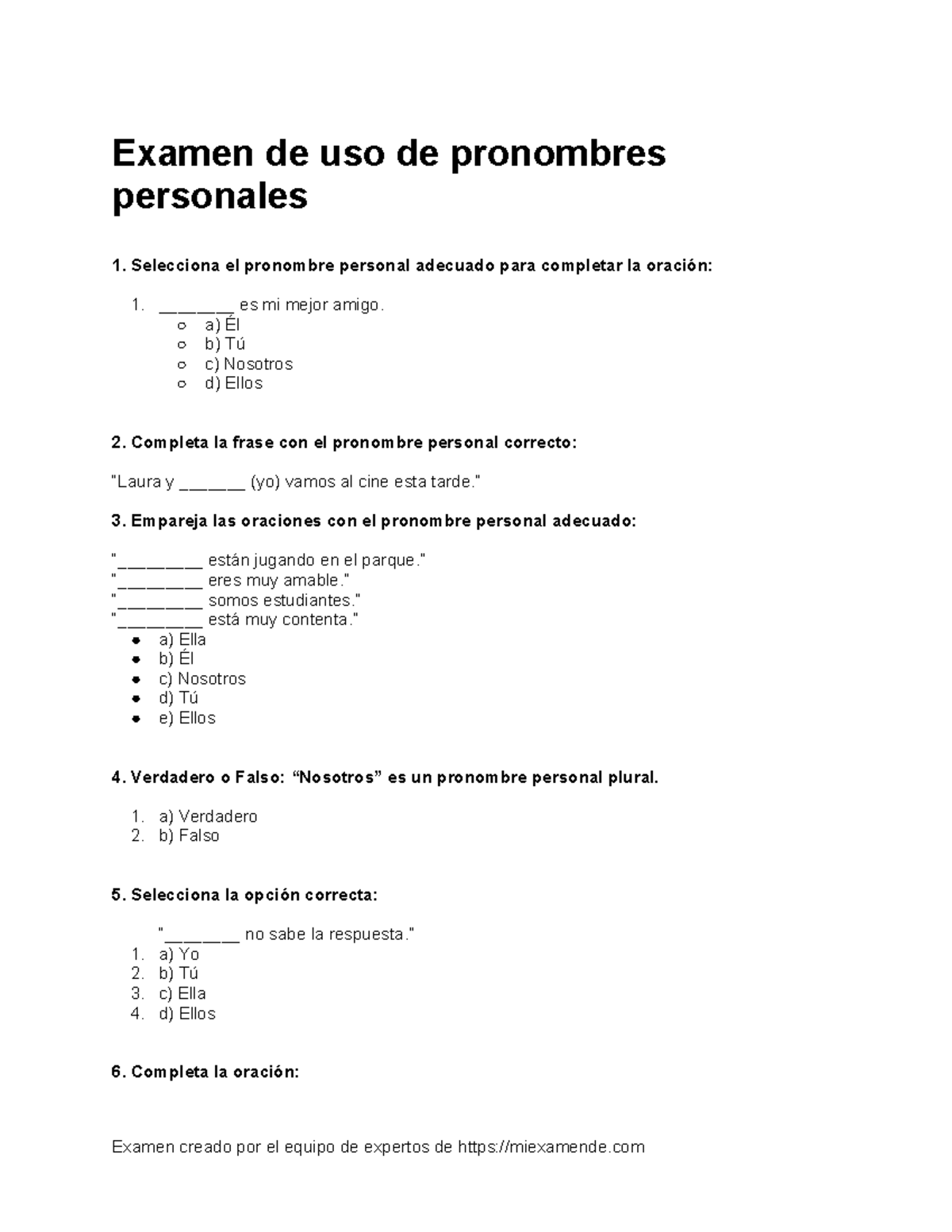 Examen de uso de pronombres personales - Español 101 - Studocu