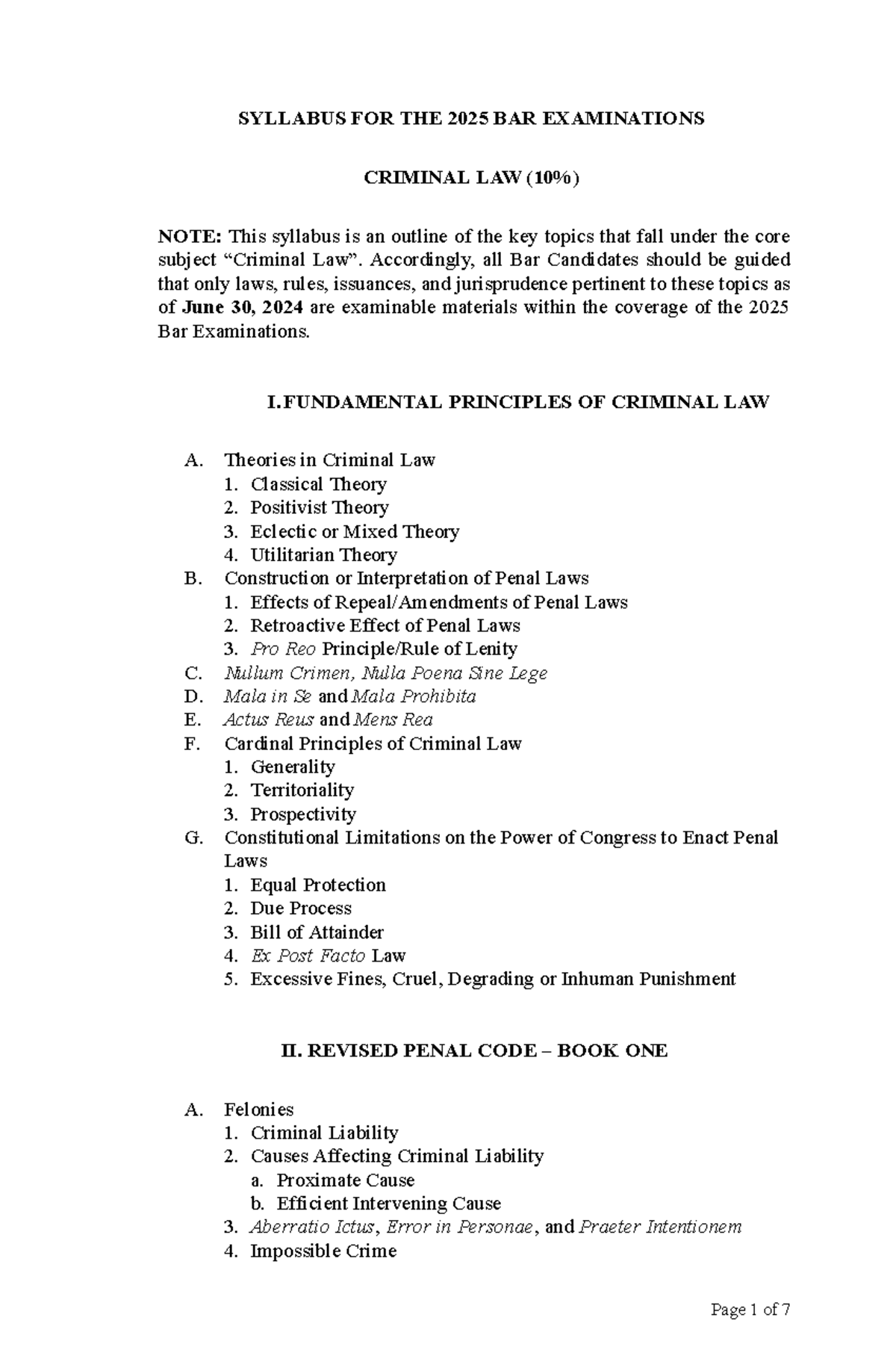 Crim 2025: Syllabus for the 2025 Bar Exam in Criminal Law - Studocu