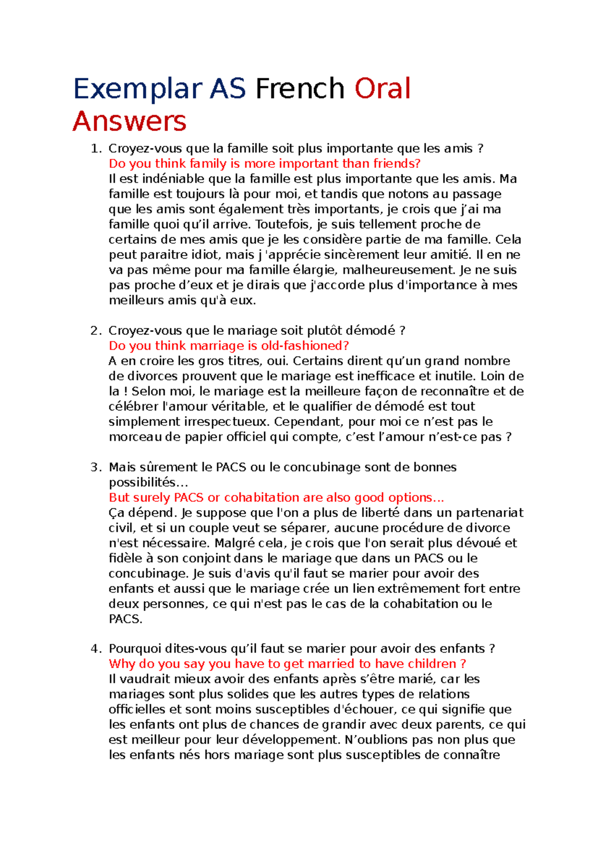 Exemplar AS French Oral Responses: Family, Marriage, and Health - Studocu