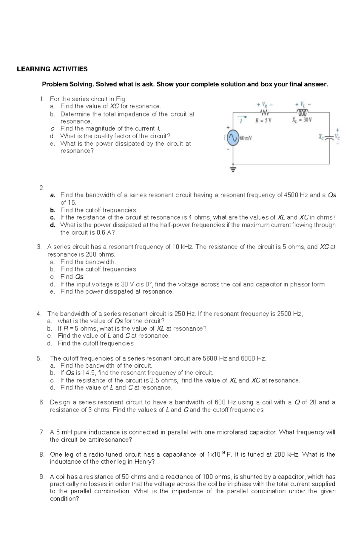 Resonance - Circuits - LEARNING ACTIVITIES Problem Solving. Solved what ...