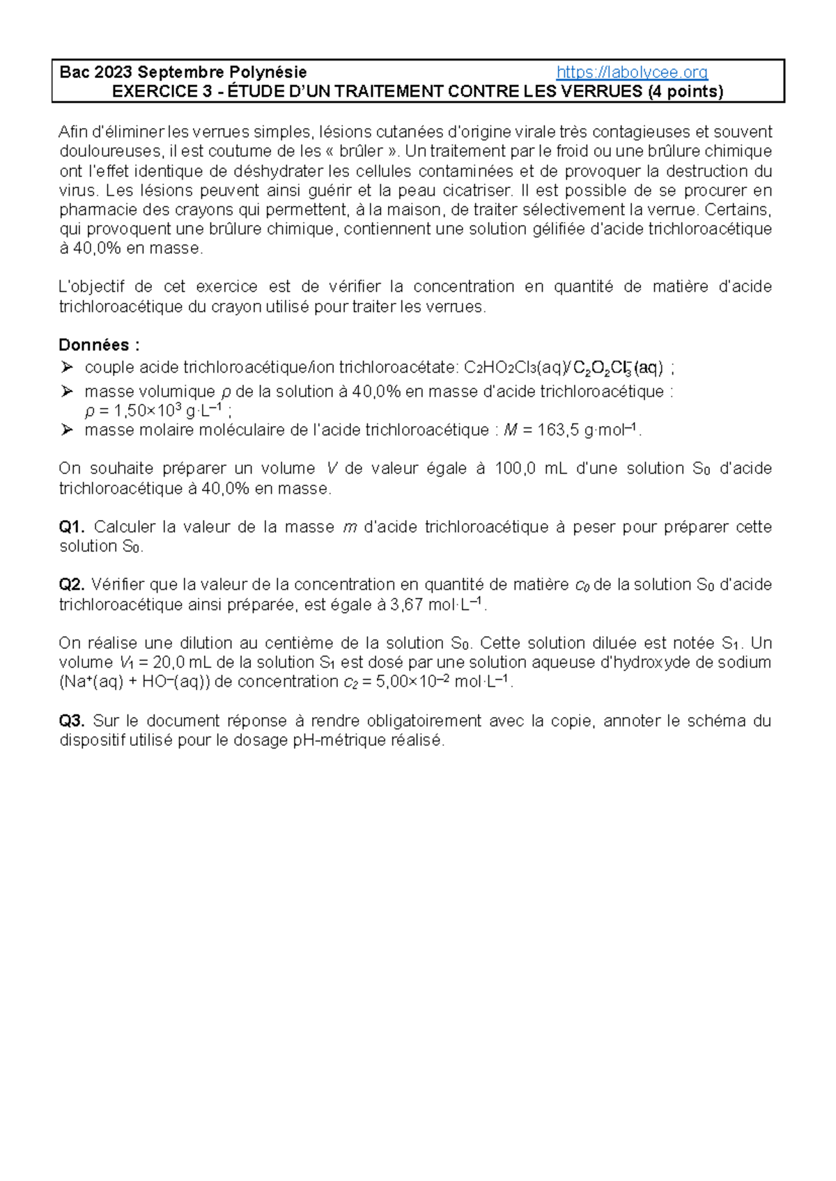 PACK 1 fichier (17 sujets BAC Physique - Chimie) - Bac 2023 Septembre ...