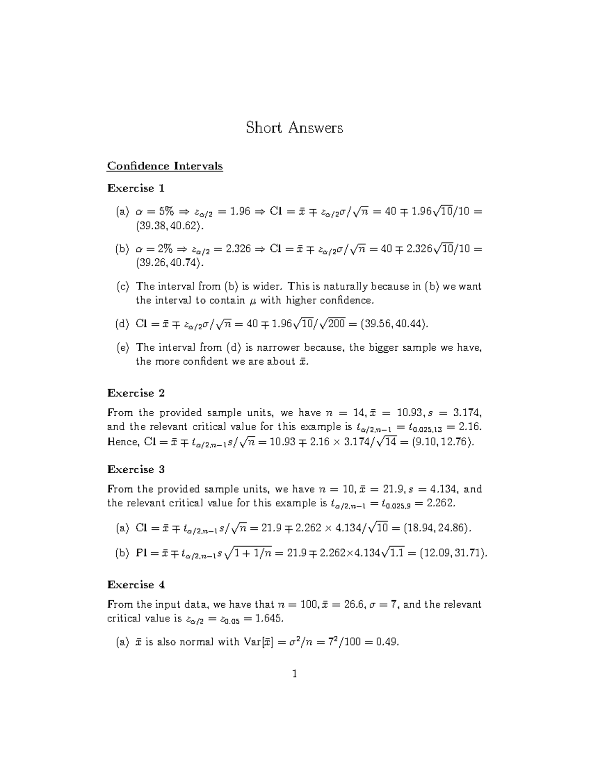 Confidence Intervals Exercise [SOL-03]: Short Answer Solutions - Studocu