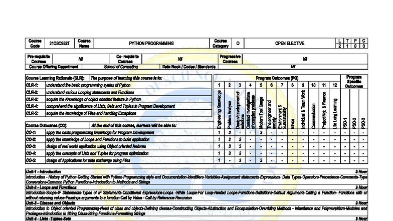 21CSO352T Python Programming Syllabus Overview and Course Details - Studocu